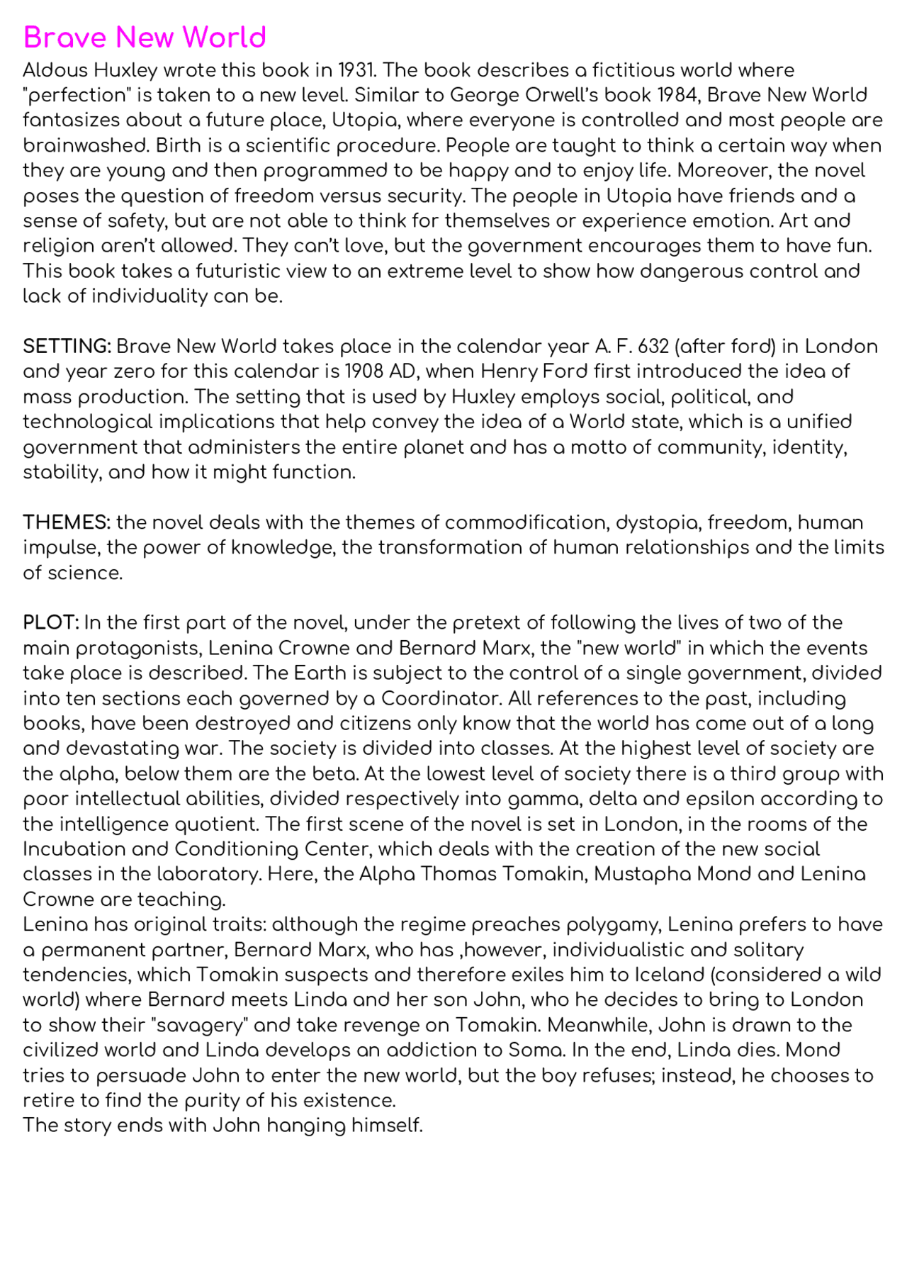 Presentation Of Brave New World By Aldous Huxley Docsity