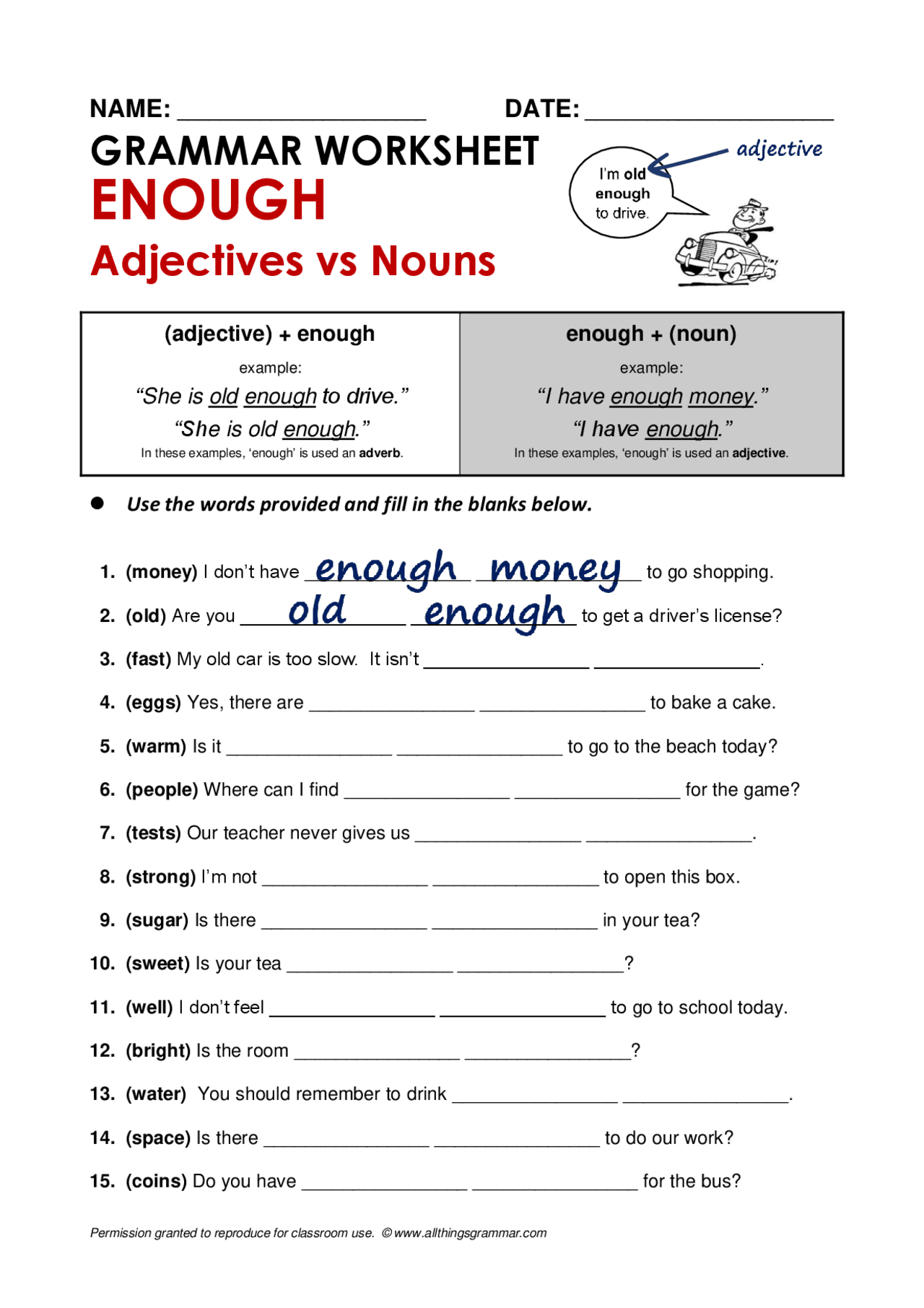 ENOUGH Adjectives vs Nouns - Docsity