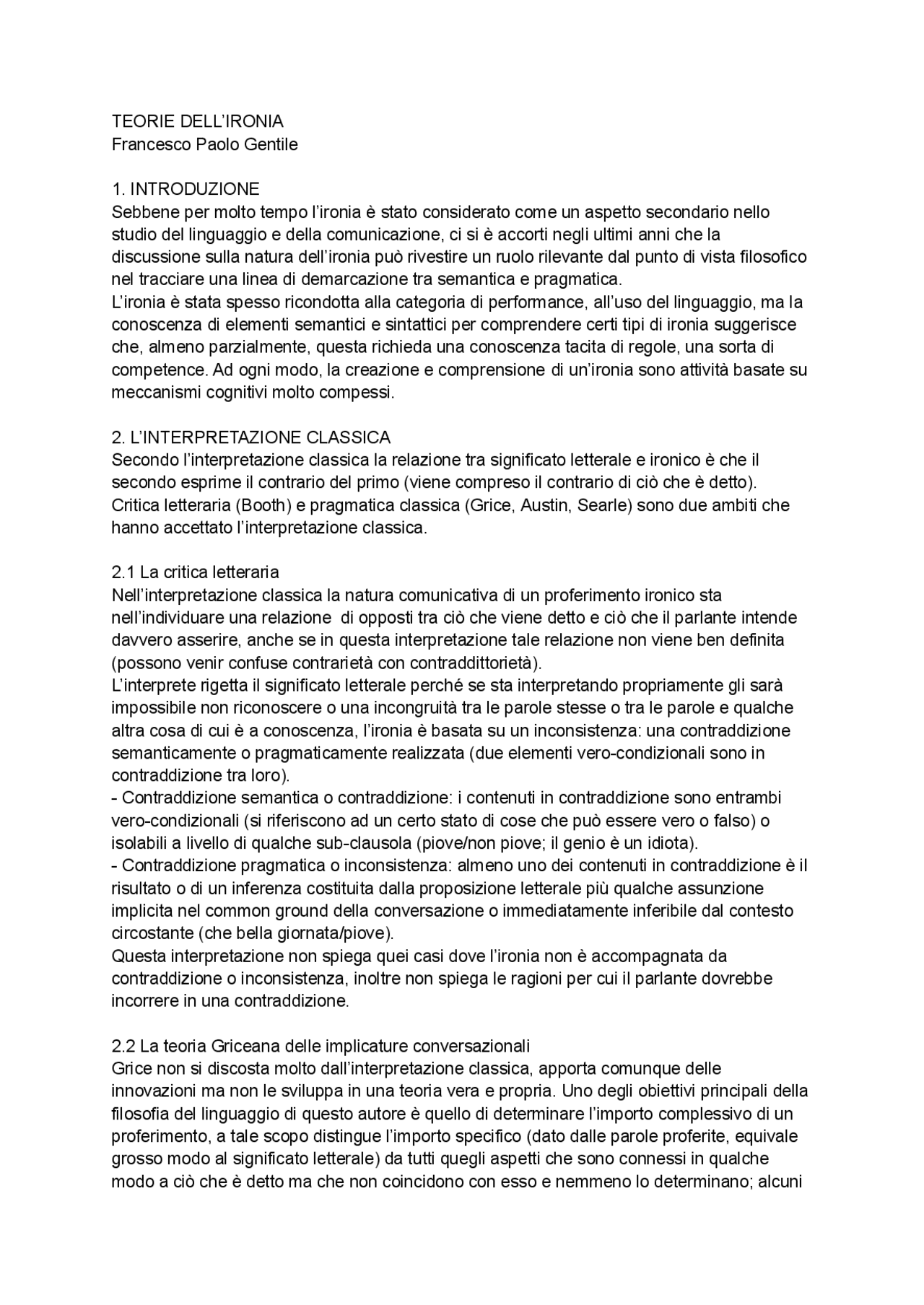 Teorie Dellironia F P Gentile Riassunto Docsity