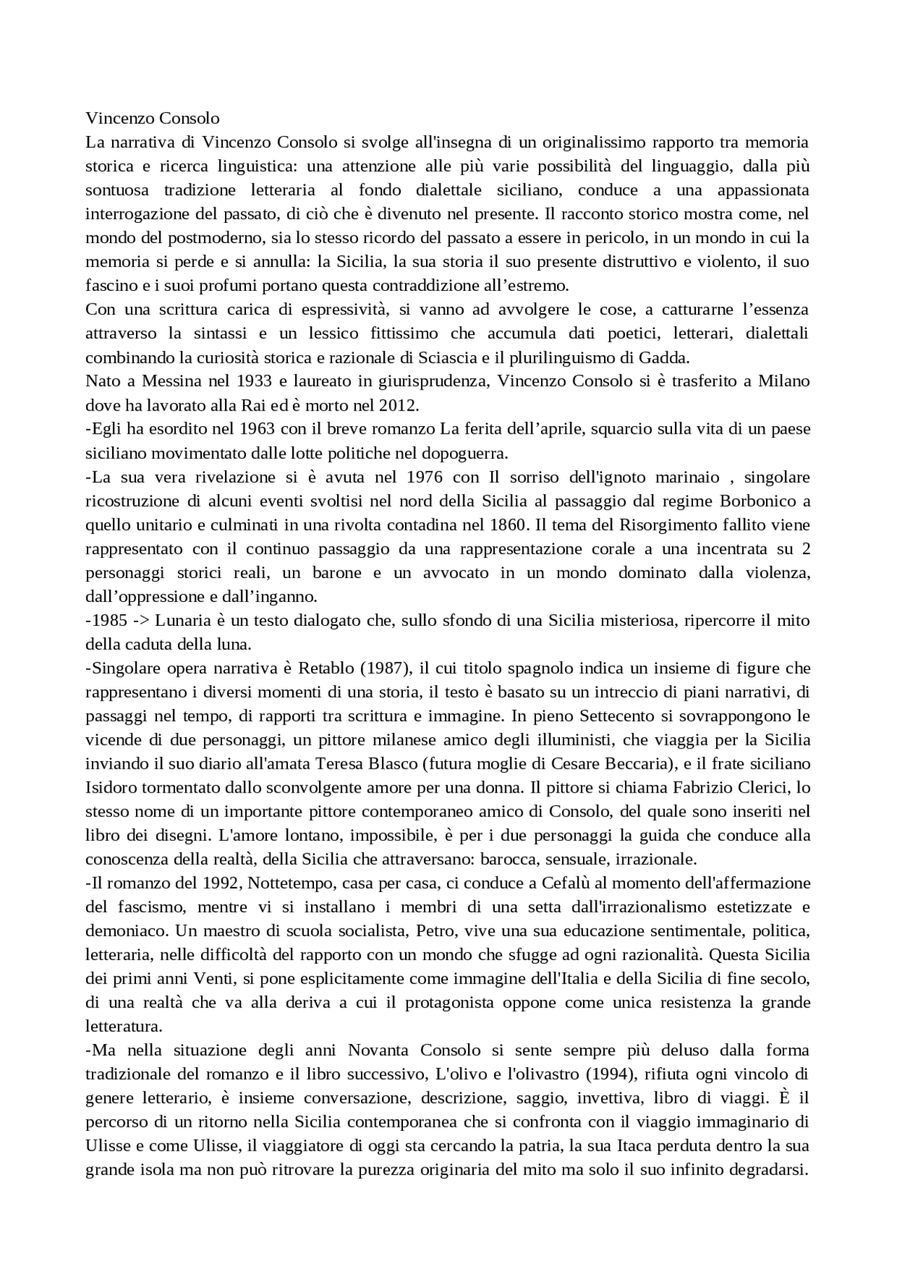 Riassunto Elaborato Su Vincenzo Consolo Docsity