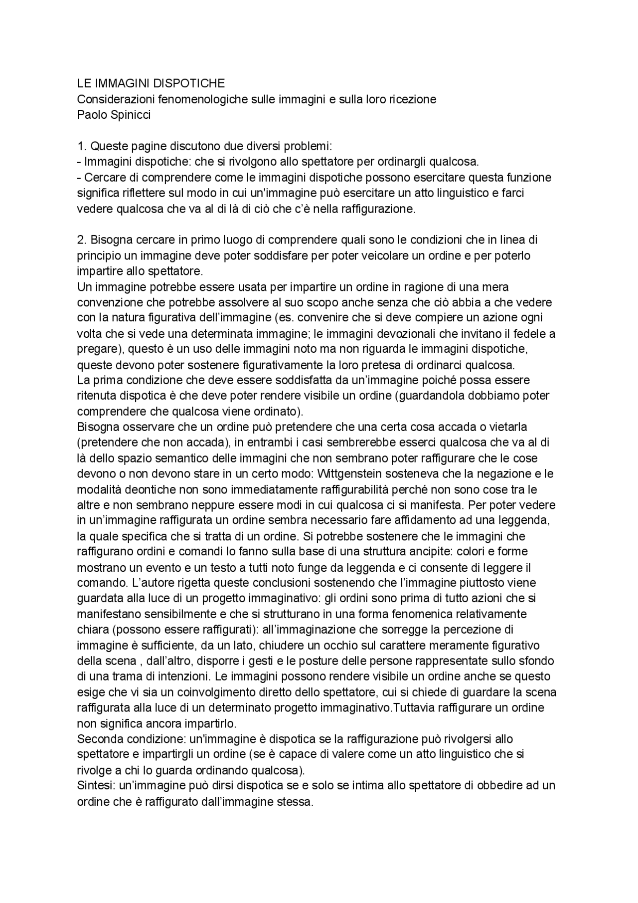 Le Immagini Dispotiche P Spinicci Riassunto Docsity