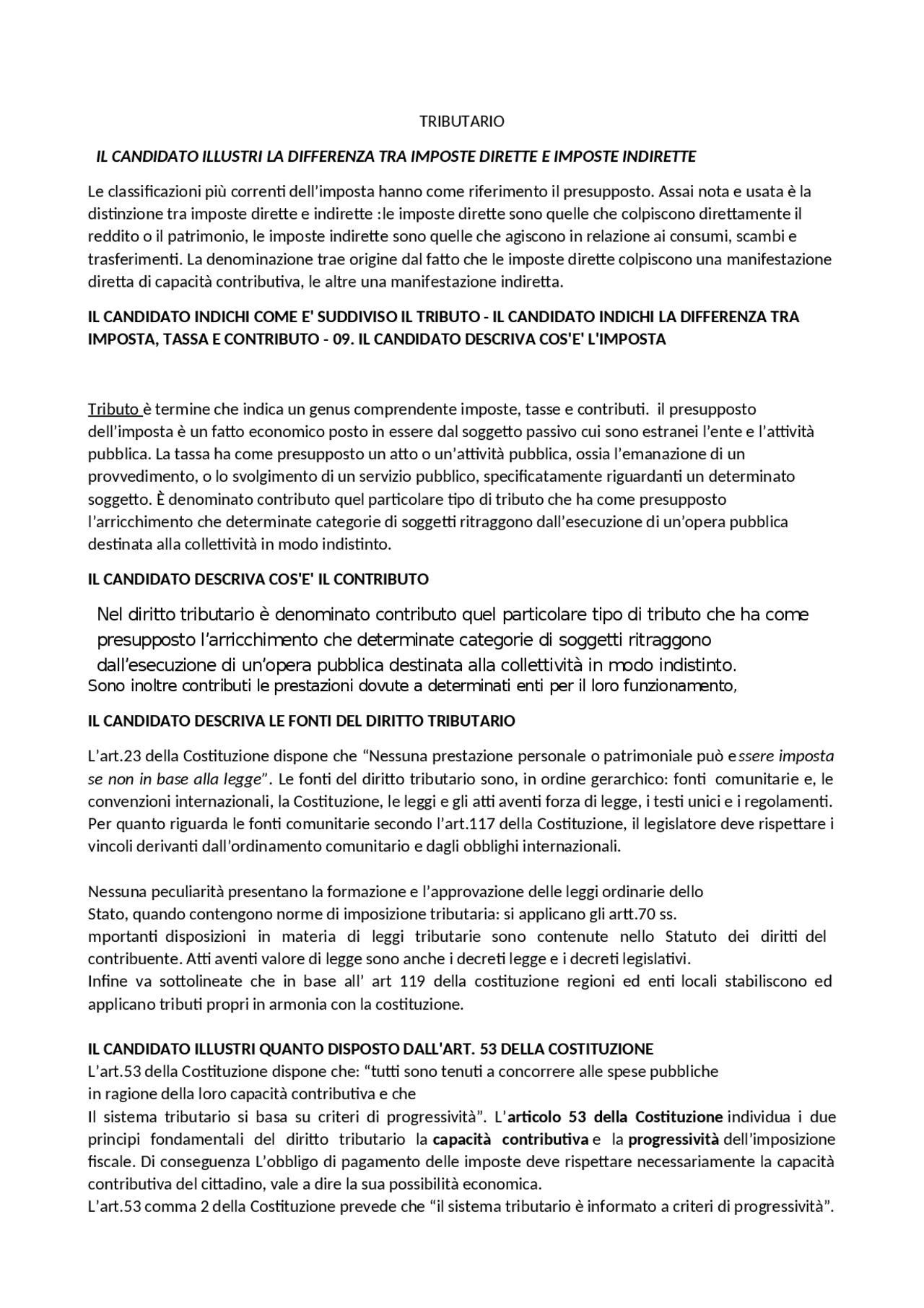 DIRITTO TRIBUTARIO ECAMPUS RISPOSTE APERTE | Panieri di Diritto Tributario | Docsity