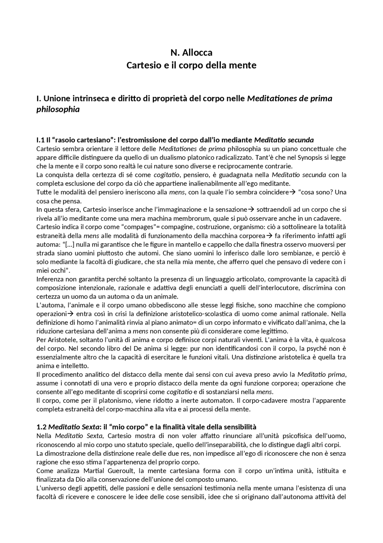 Cartesio E Il Corpo Della Mente Riassunto Allocca Docsity