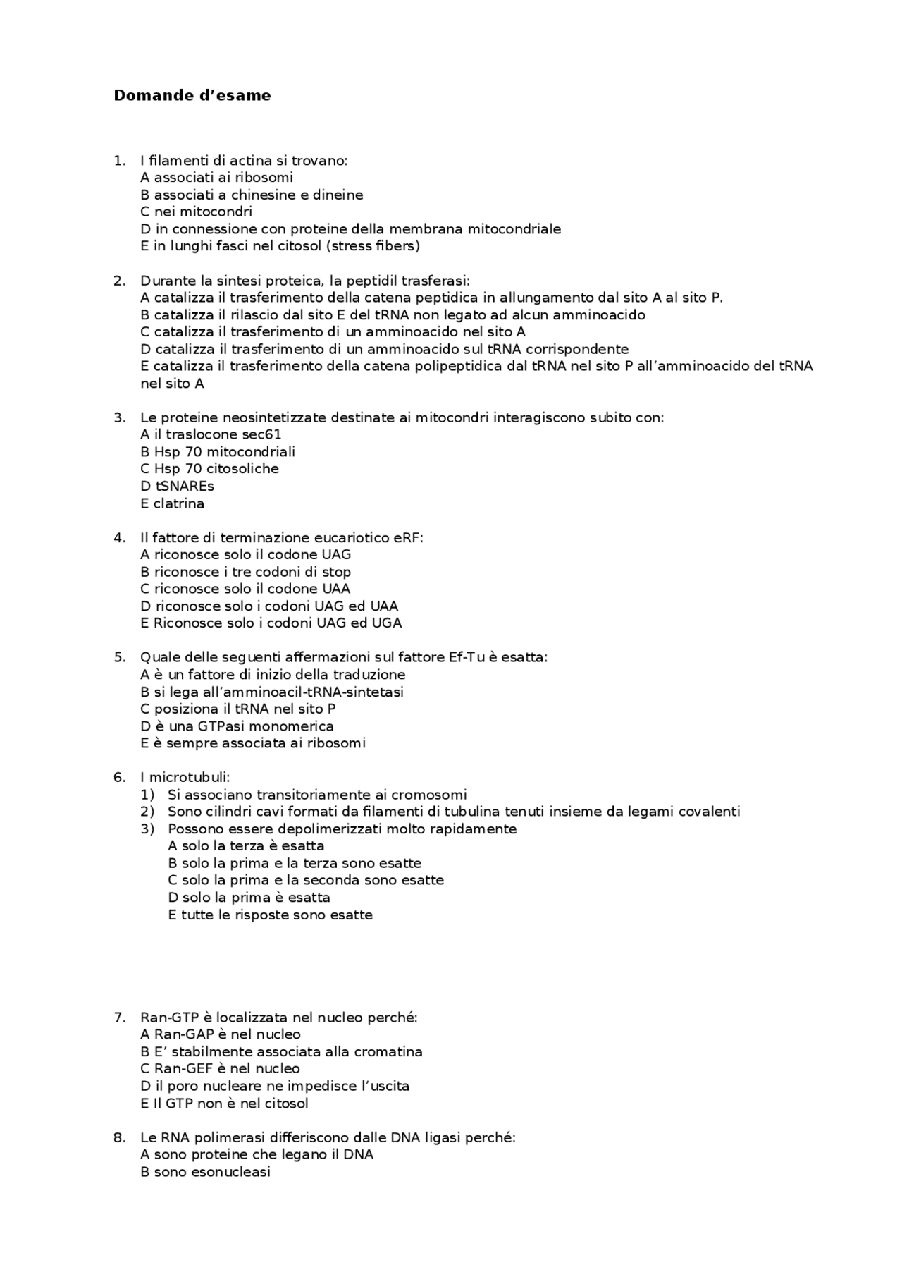 domande esame biologia | Esercizi di Biologia | Docsity