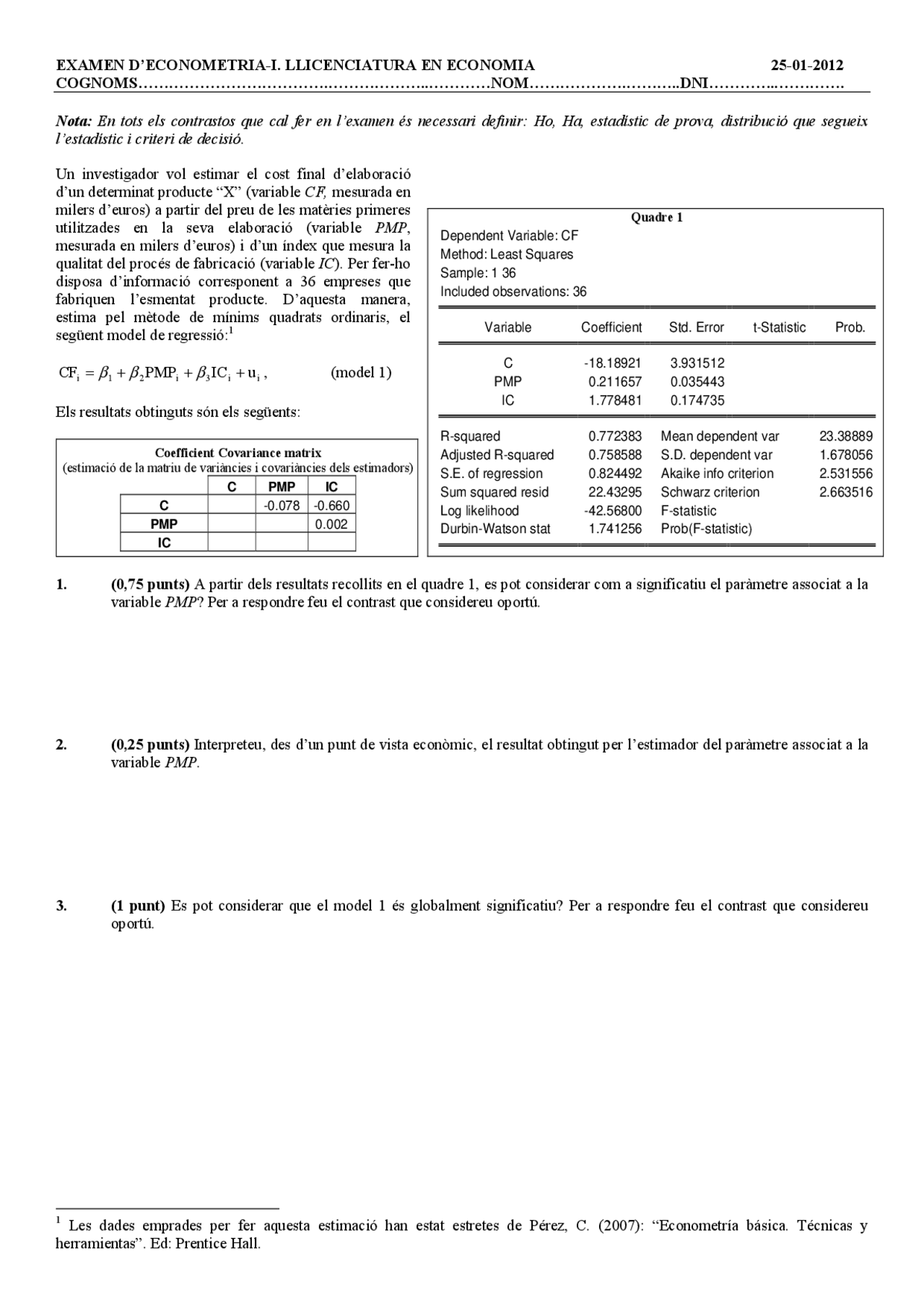 Examen Econometria I - Docsity