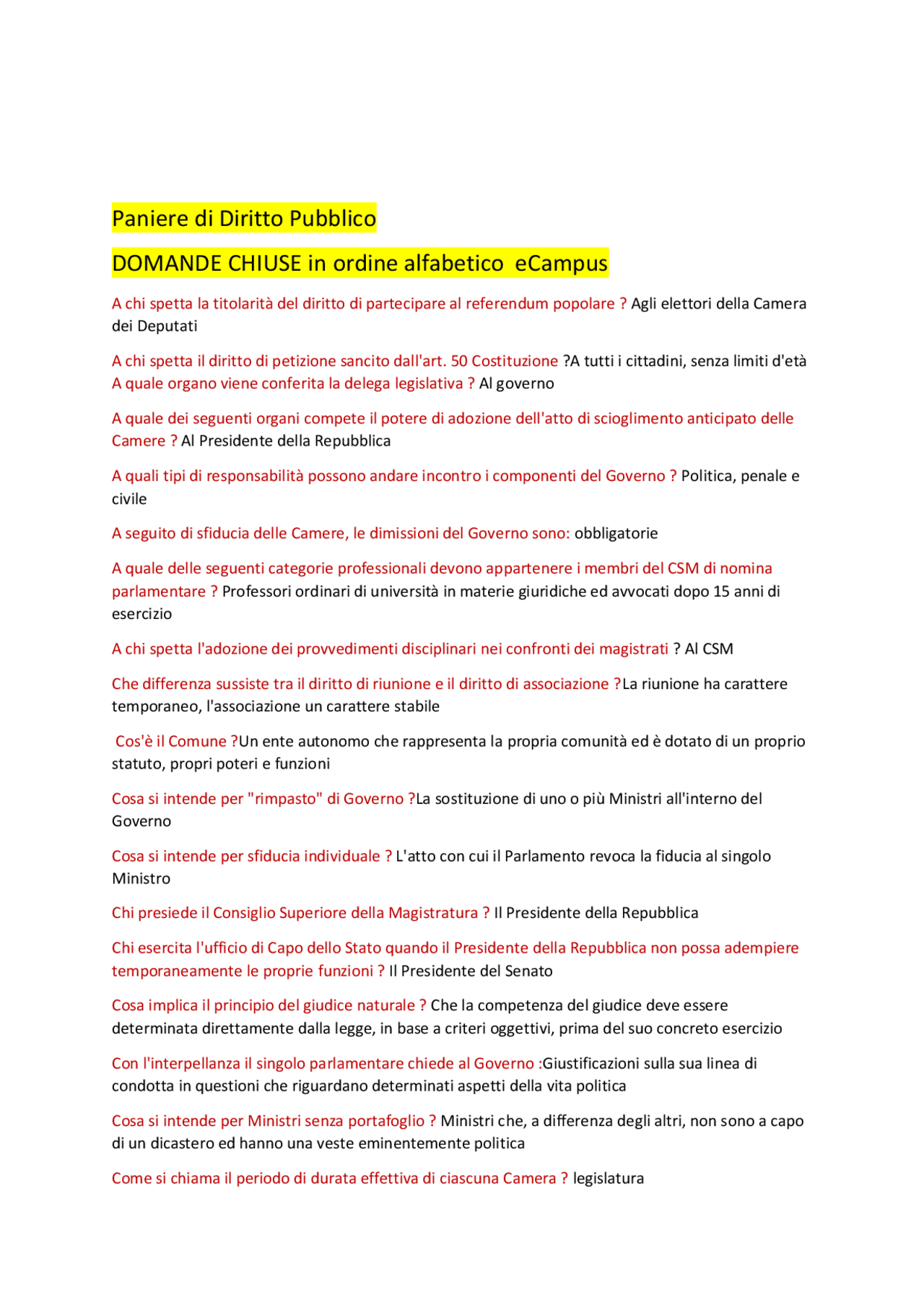 Paniere di Diritto pubblico: domande chiuse con risposte | eCampus ...