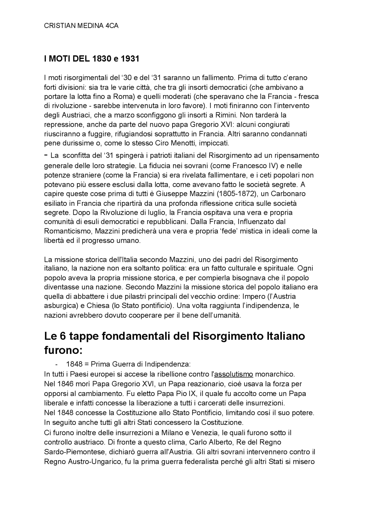 LE TAPPE FONDAMENTALI DEL RISORGIMENTO ITALIANO - Docsity