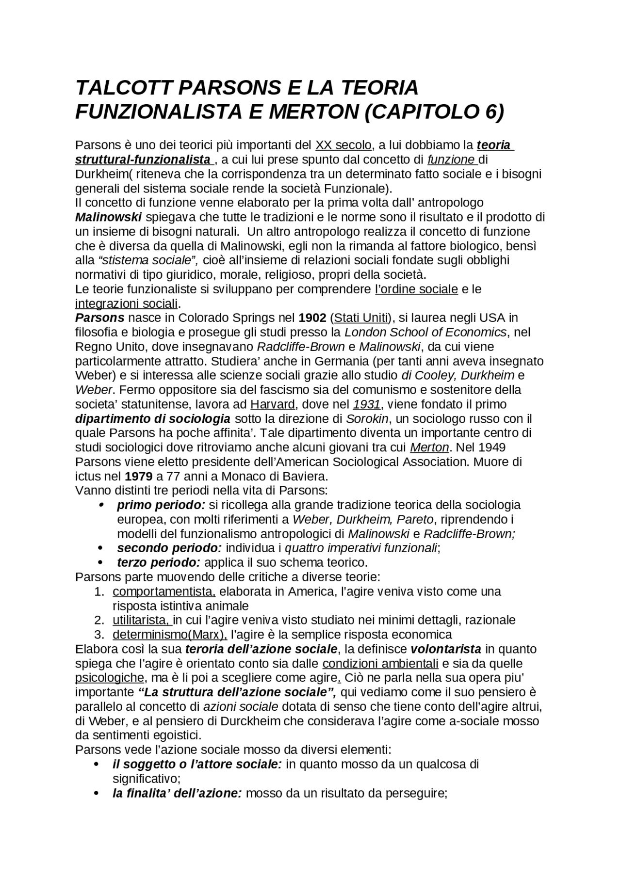 Teoria Struttural Funzionalista Parsoniana Docsity