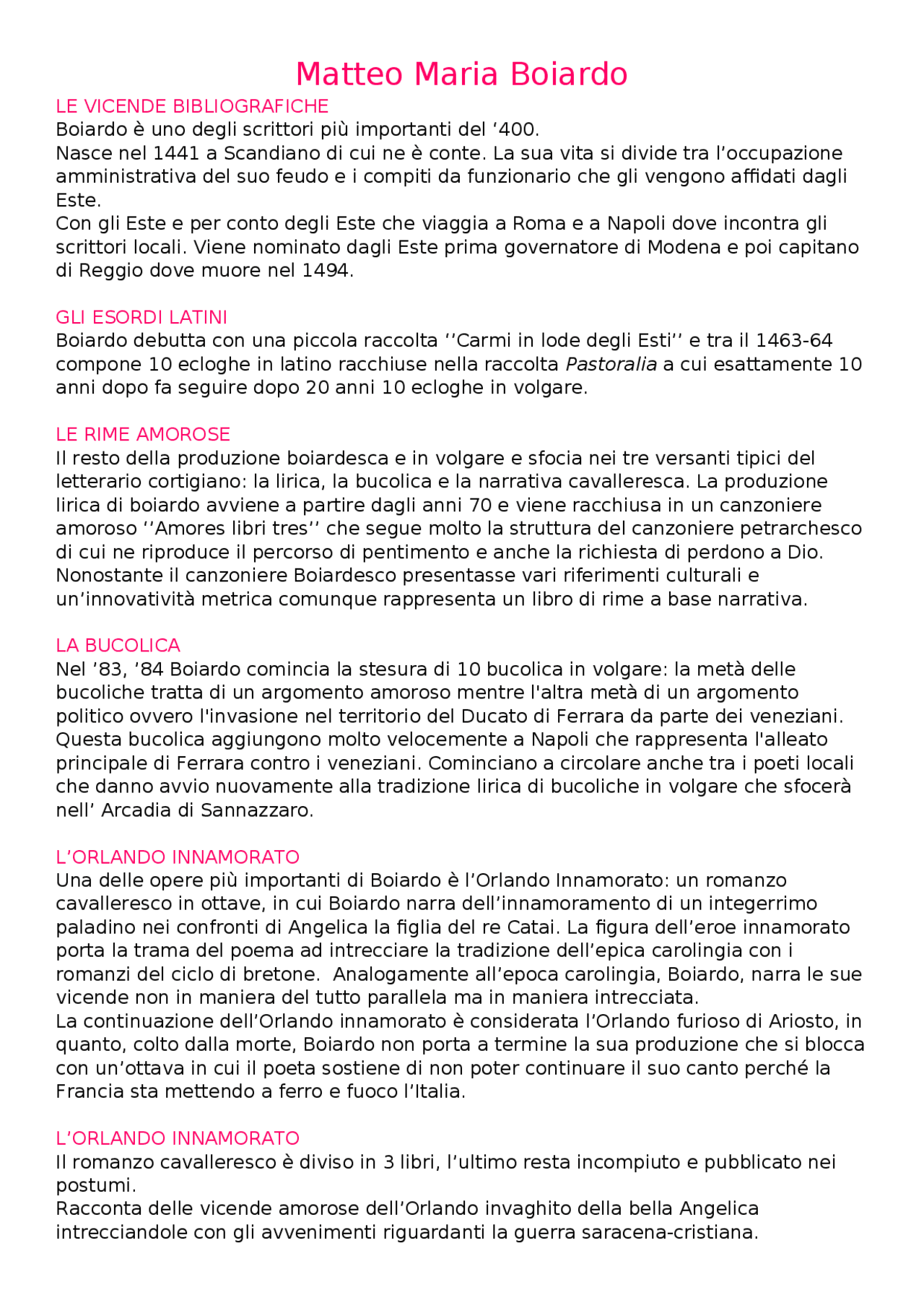 Riassunto Boiardo Libro Letteratura Originiseicento Docsity