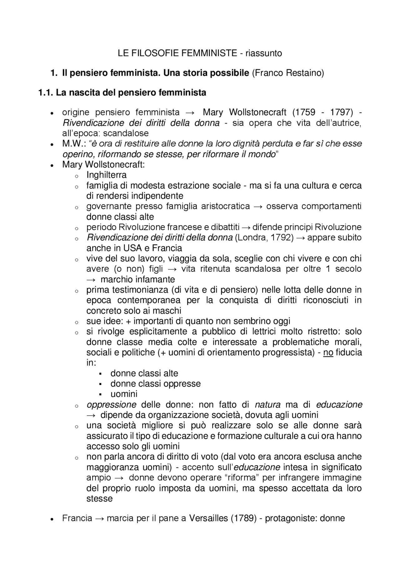 Le Filosofie Femministe Riassunto Docsity