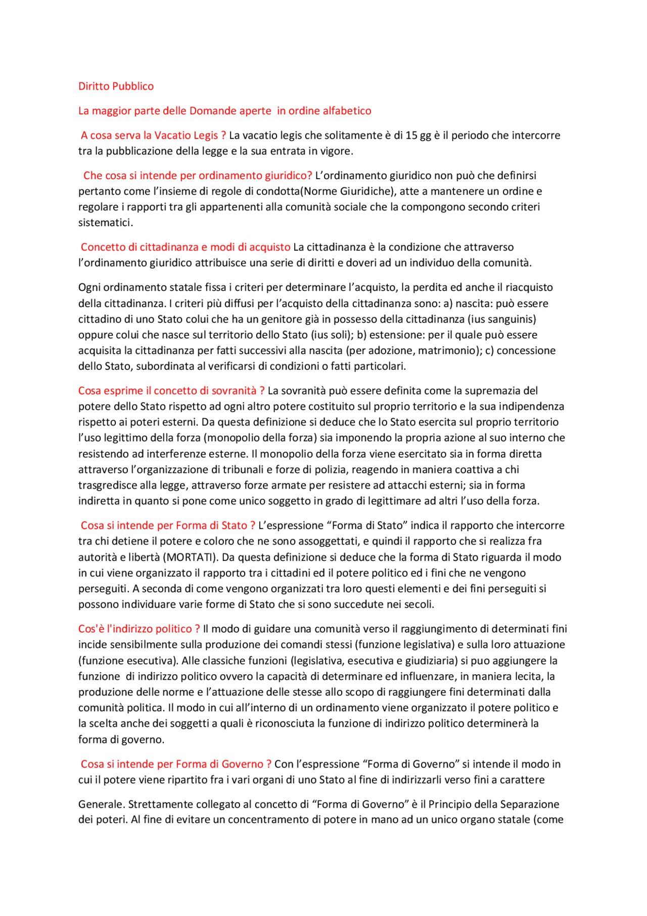 Diritto Pubblico Domande Aperte Panieri Di Diritto Pubblico Docsity