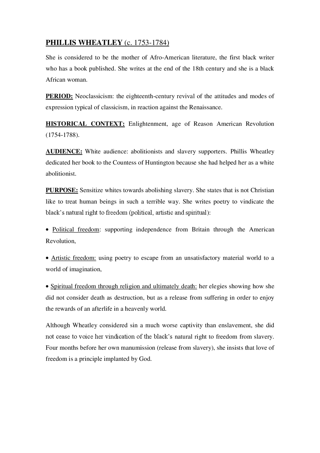 Phillis Wheatley- Selected Poems - Docsity