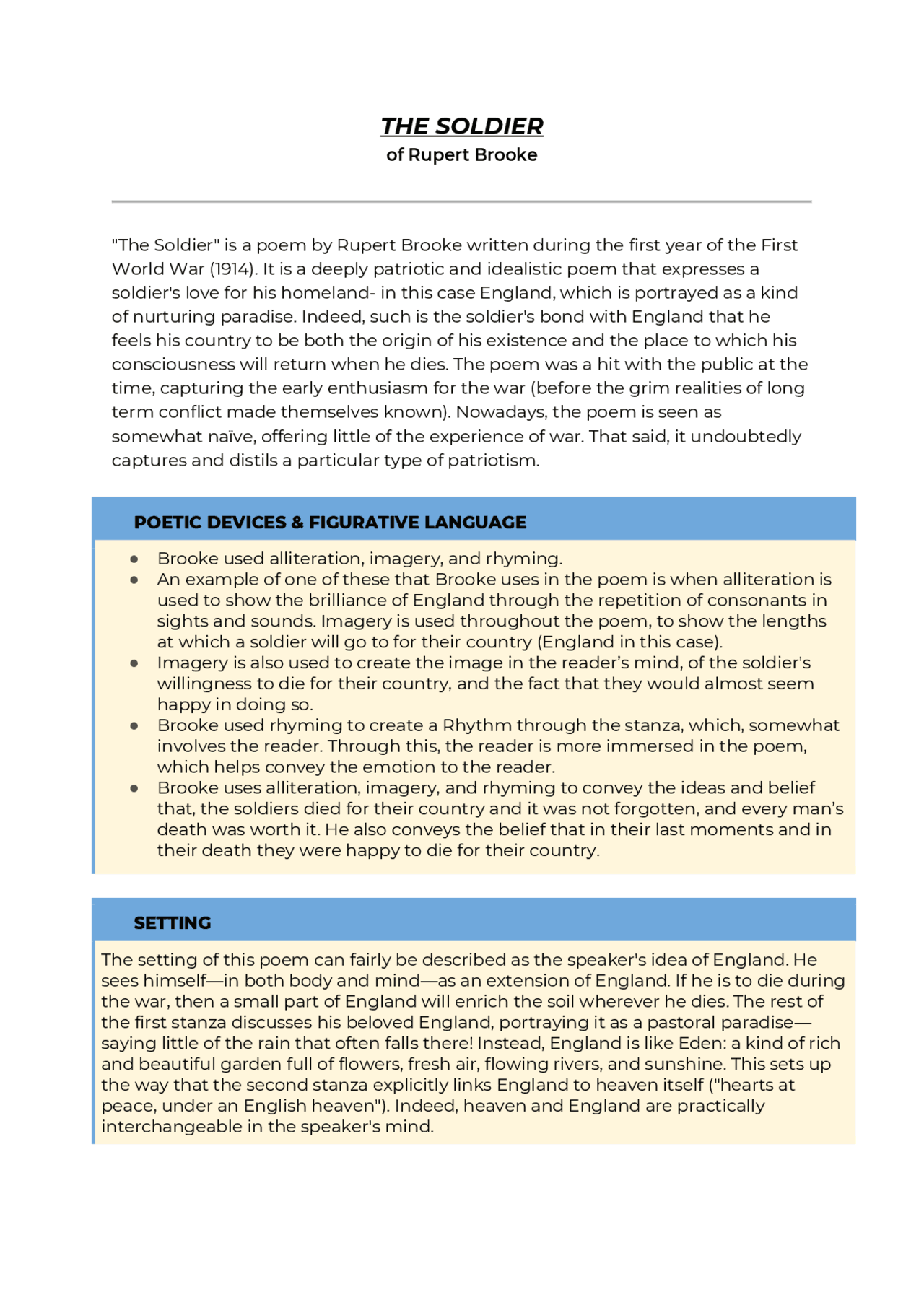 English notes about 'The soldier' of Rupert Brooke - Docsity