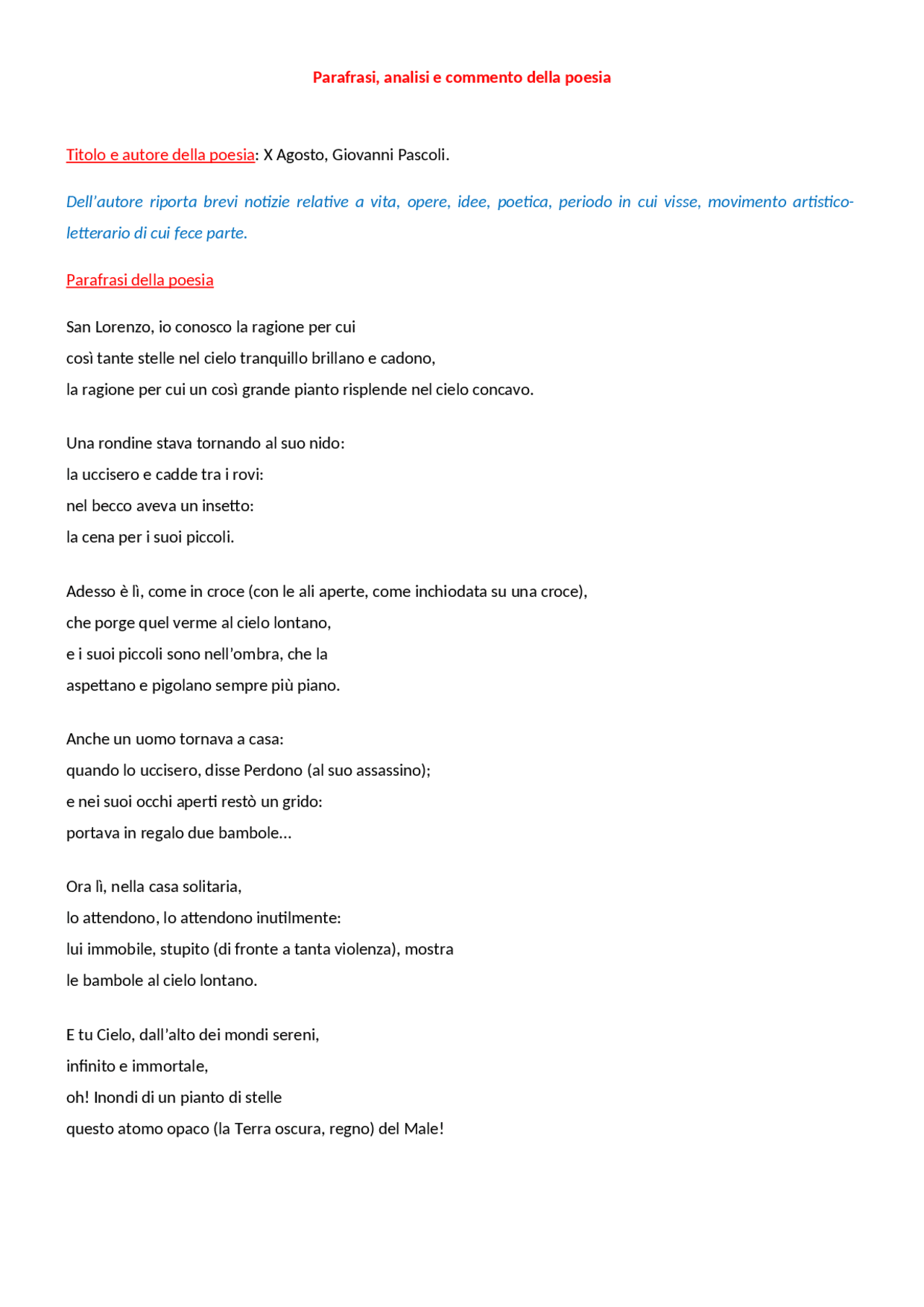 X agosto poesia e analisi - Docsity