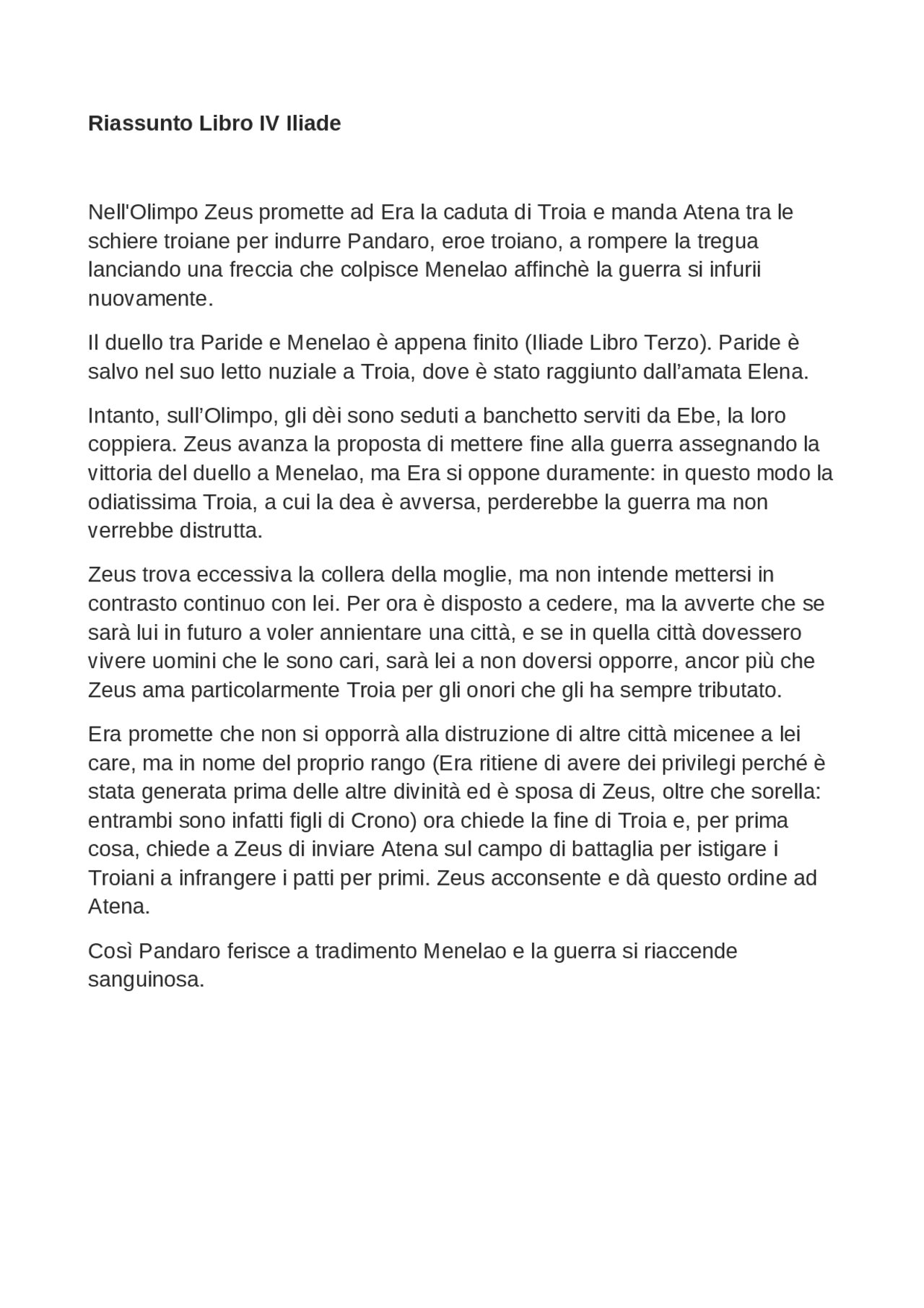 Riassunto libro 4 Iliade | Appunti di Italiano | Docsity