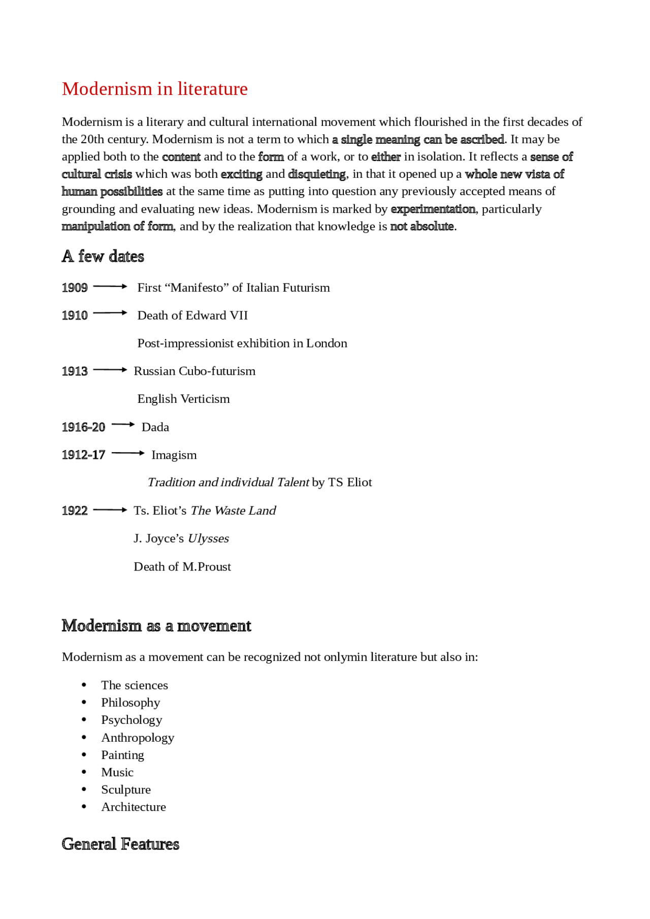 Modernism In Literature Docsity