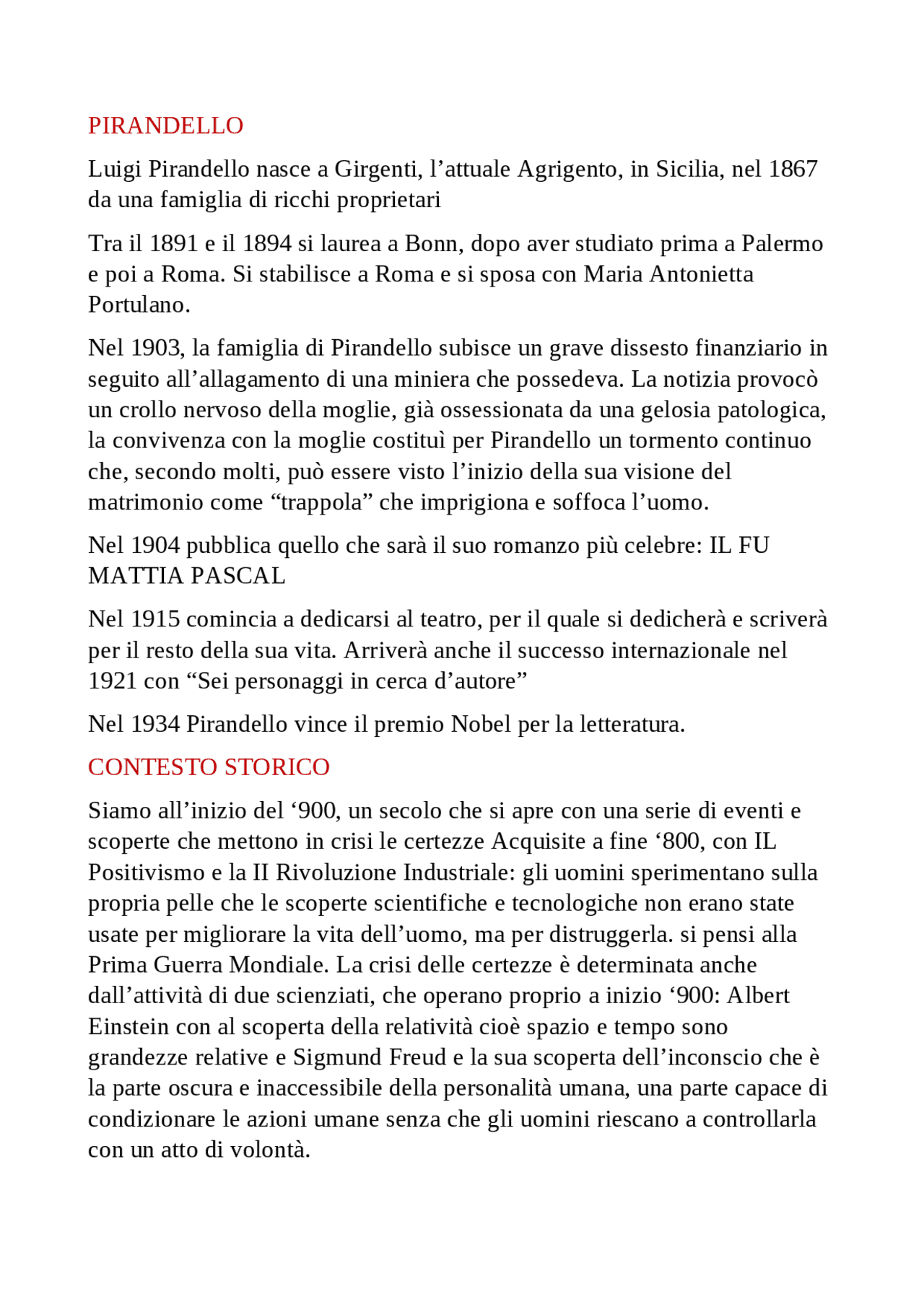 Pirandello E Fu Mattia Pascal Sintesi Del Corso Di Letteratura
