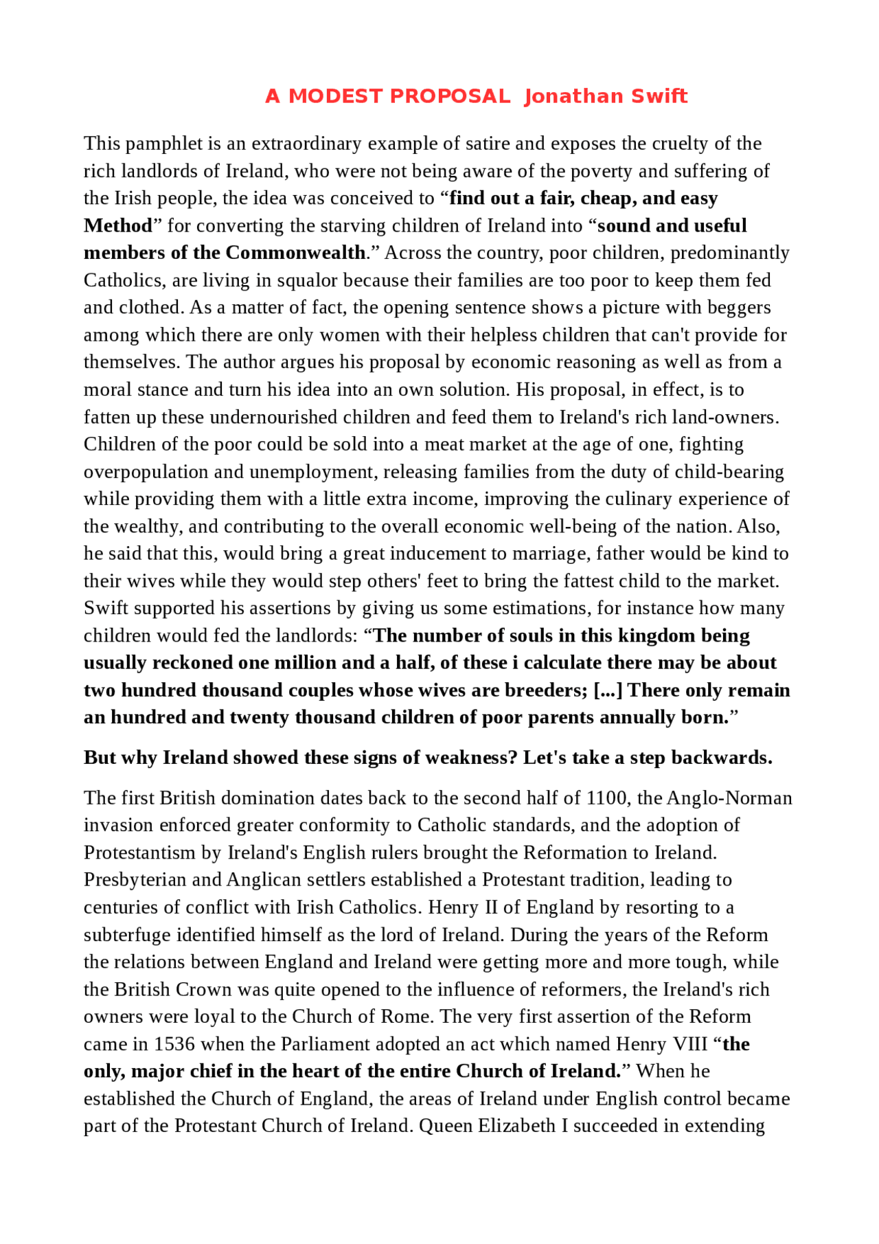 A modest proposal Johnathan Swift - Docsity