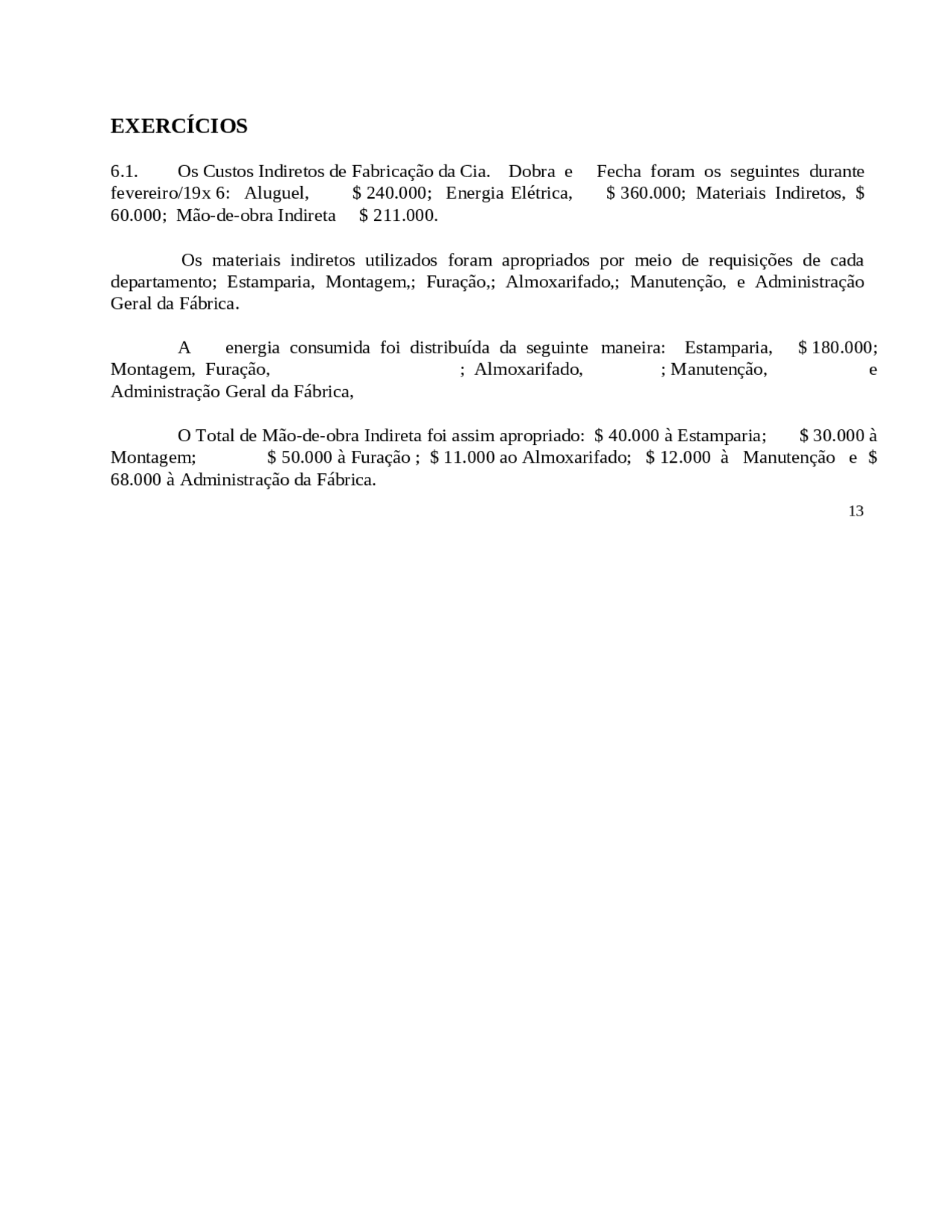 Exercicios De Custos Exercícios Contabilidade De Custos Docsity