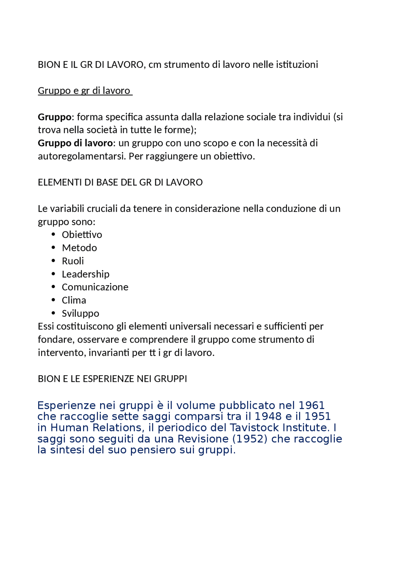 Bion E Il Gruppo Istituzioni Docsity