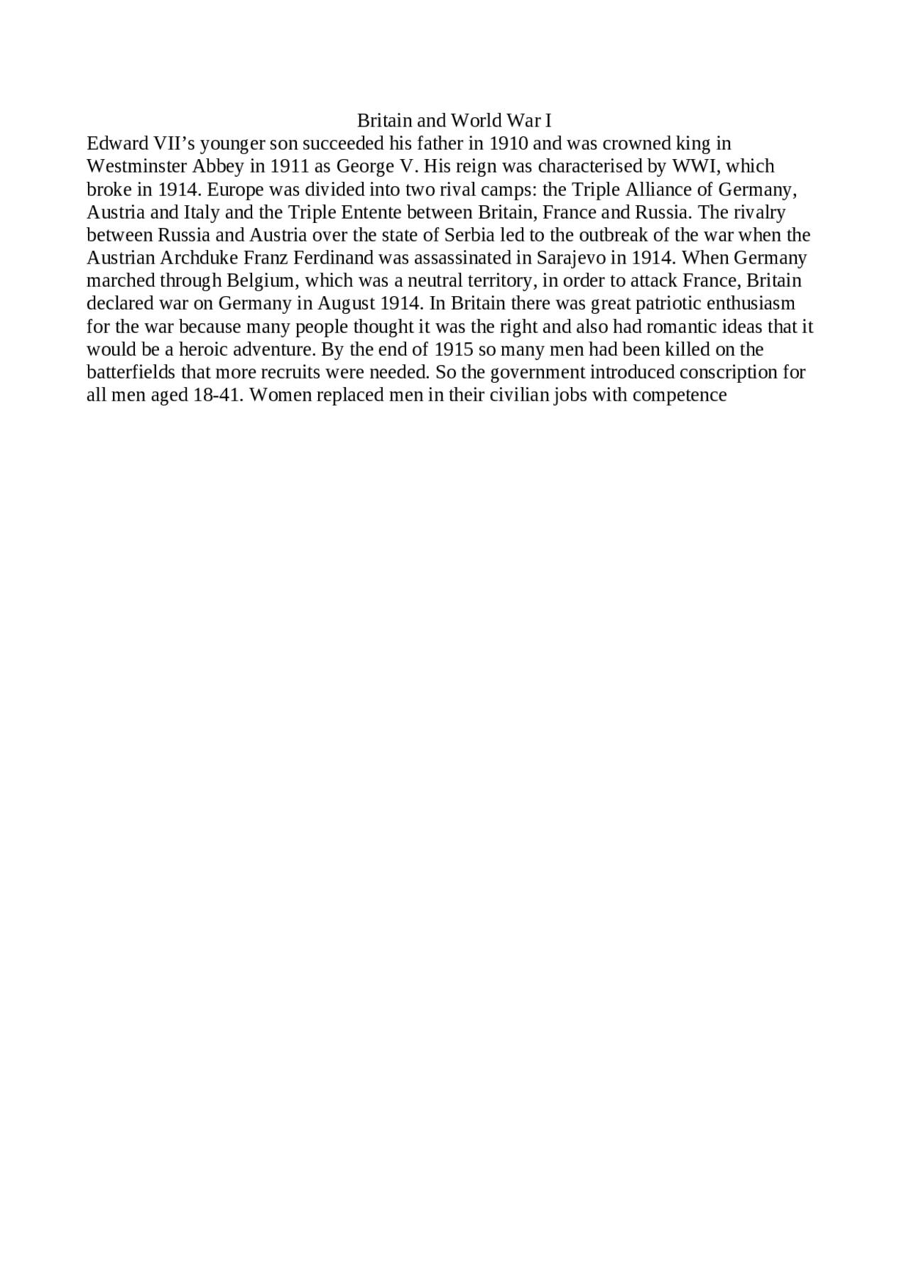 Britain And Wwi In English Docsity