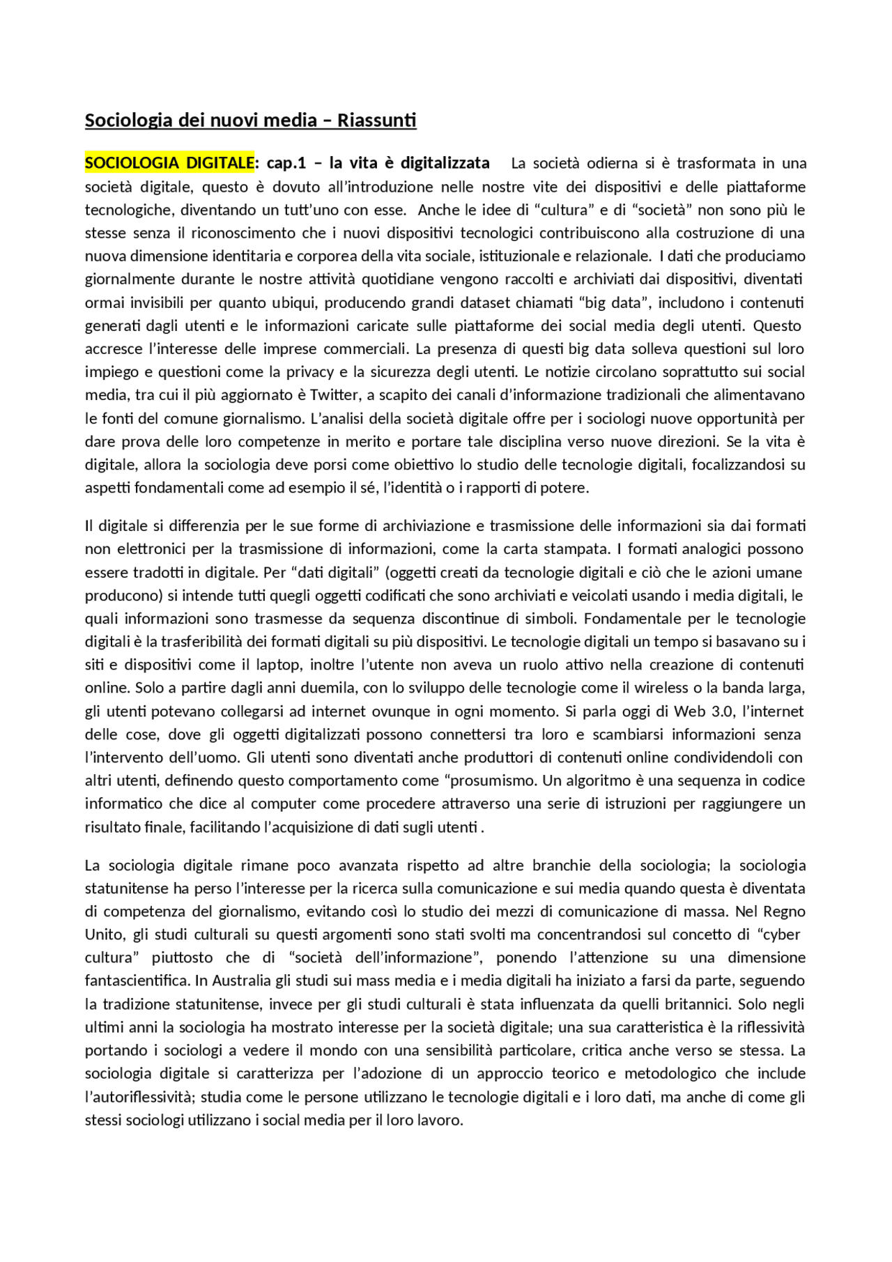 Sociologia Digitale Riassunto Docsity