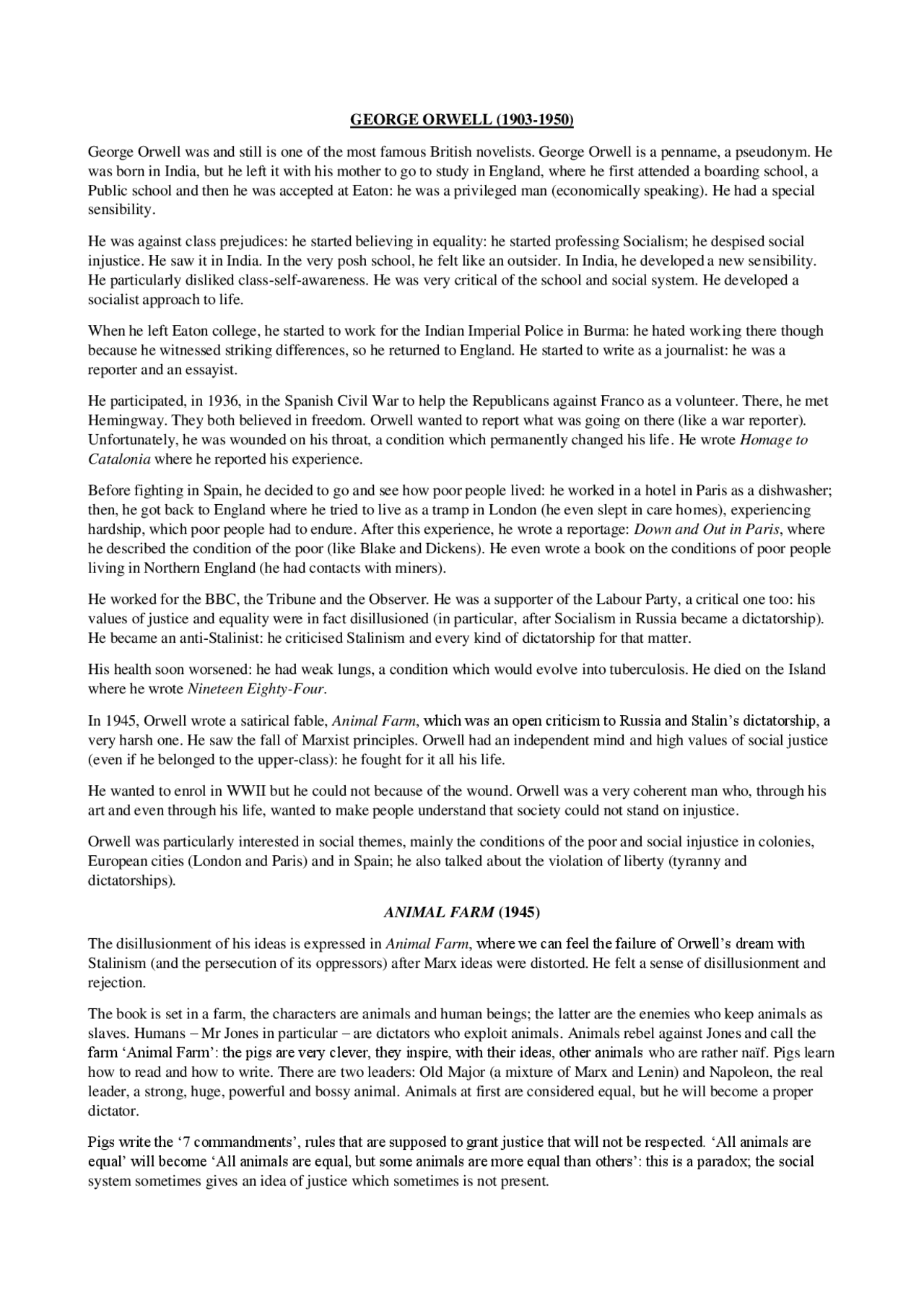 George Orwell: life and works - Docsity