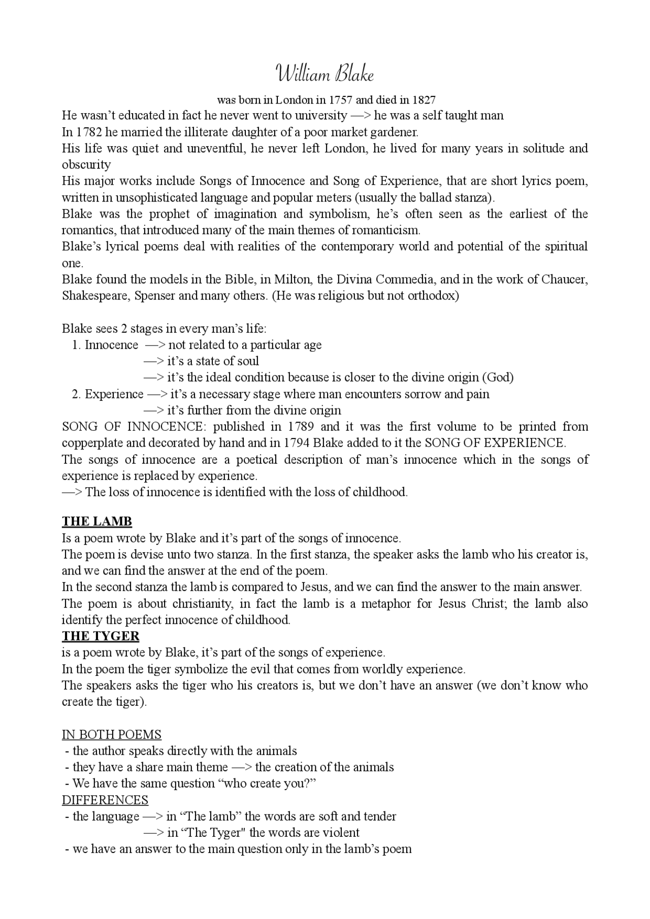 William Blake - letteratura inglese - Docsity