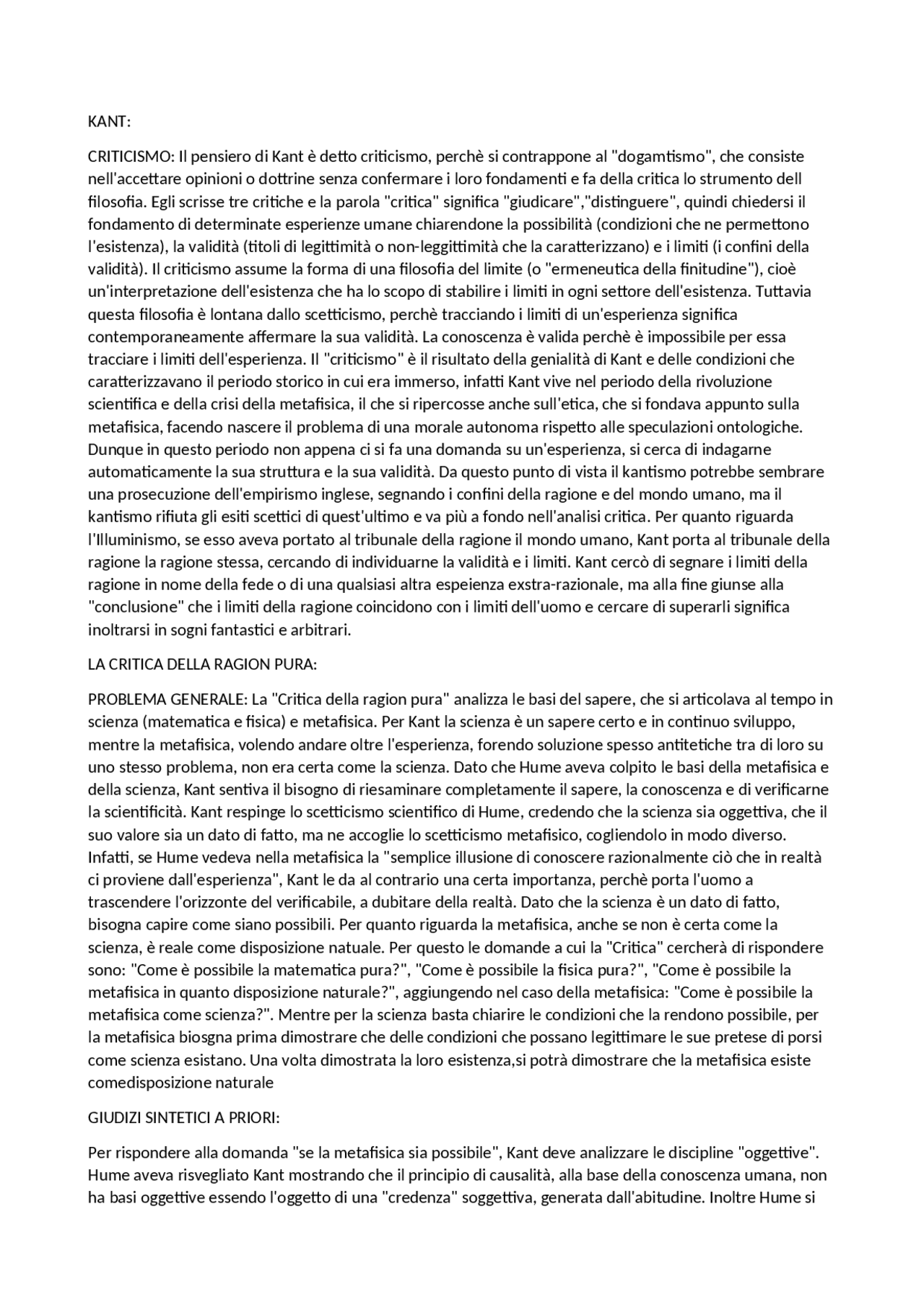 Riassunto Kant Filosofia Docsity