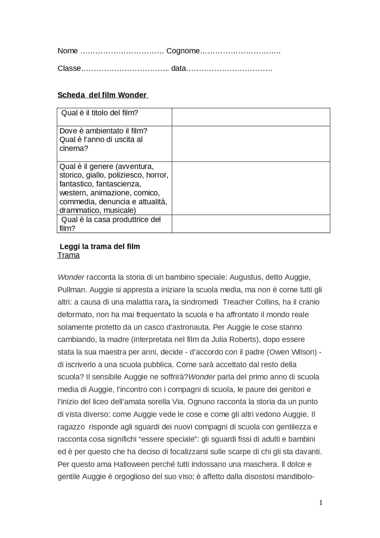 Scheda film wonder con trama - da proporre | Esercizi di Italiano | Docsity