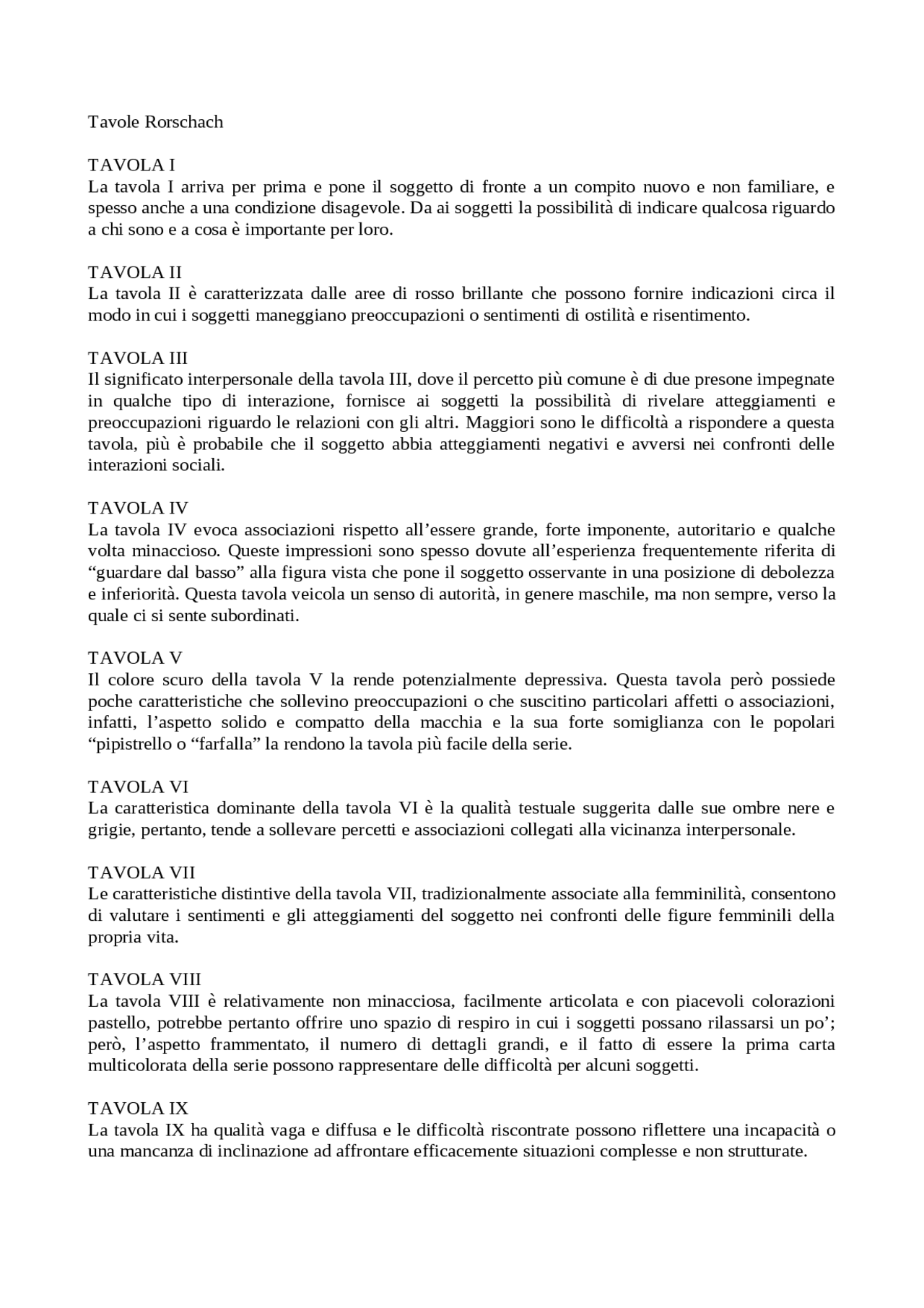 descrizione tematica delle Tavole rorschach | Appunti di ...