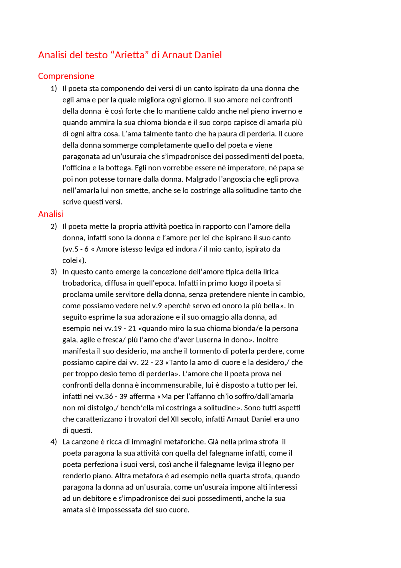 Analisi Del Testo Arietta Di Arnaut Daniel Docsity