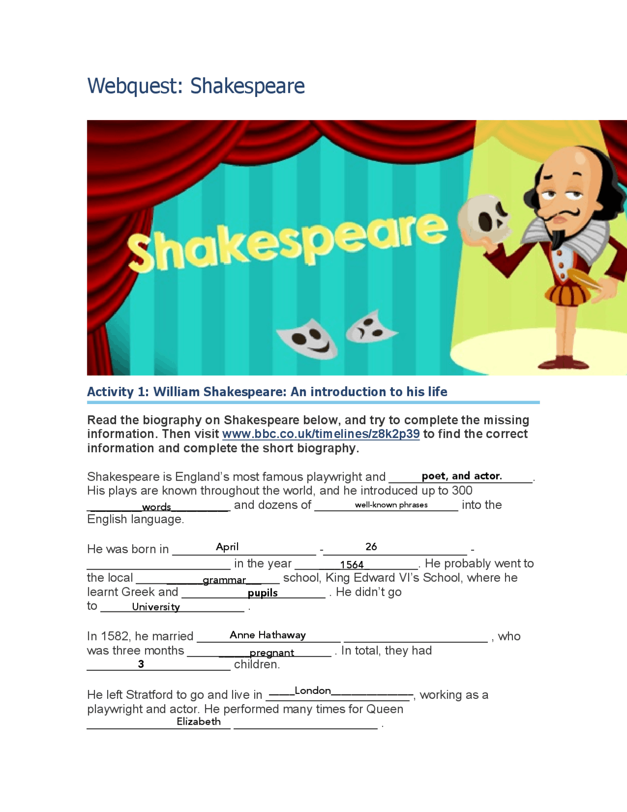 Shakespeare biography and some of his works - Docsity