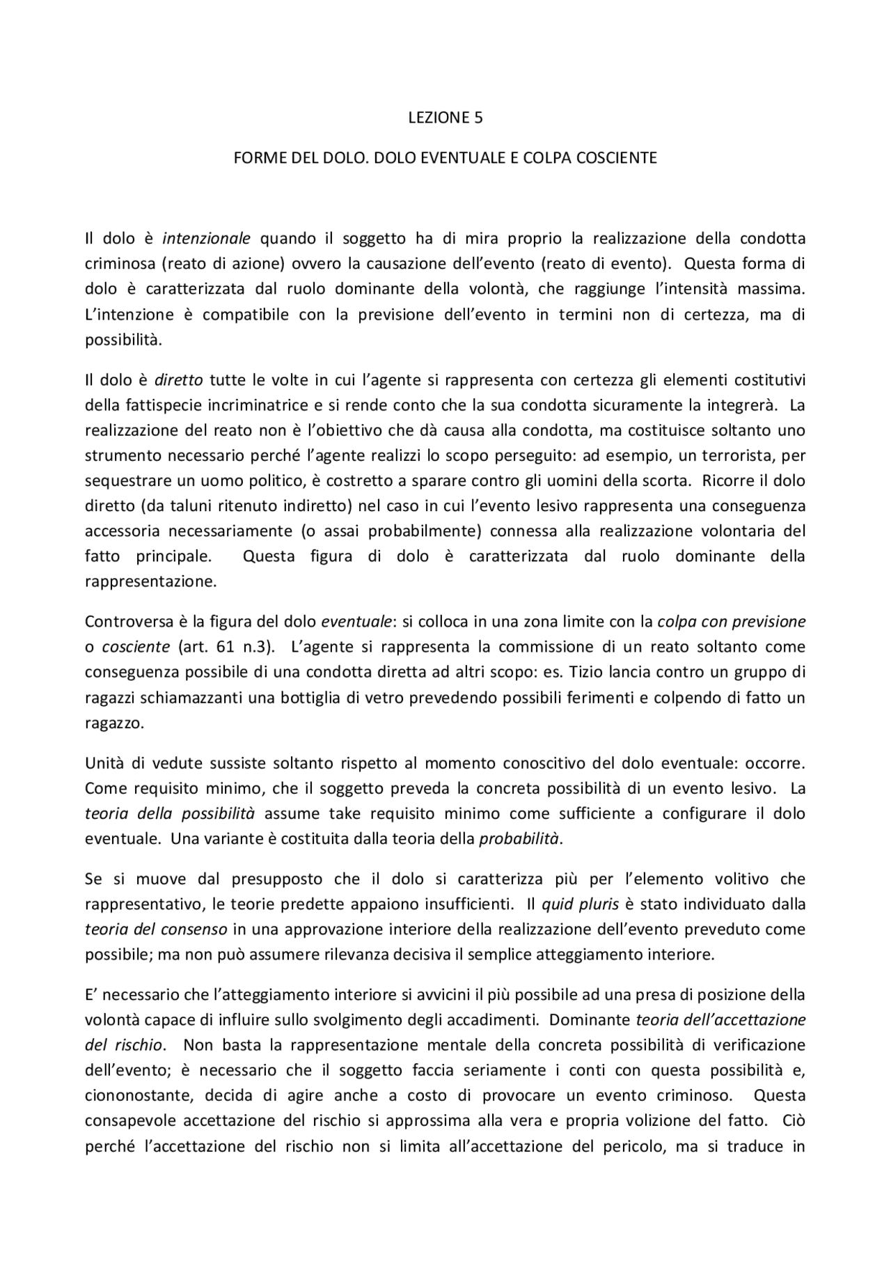 Forme del dolo - dolo eventuale e colpa cosciente - Docsity