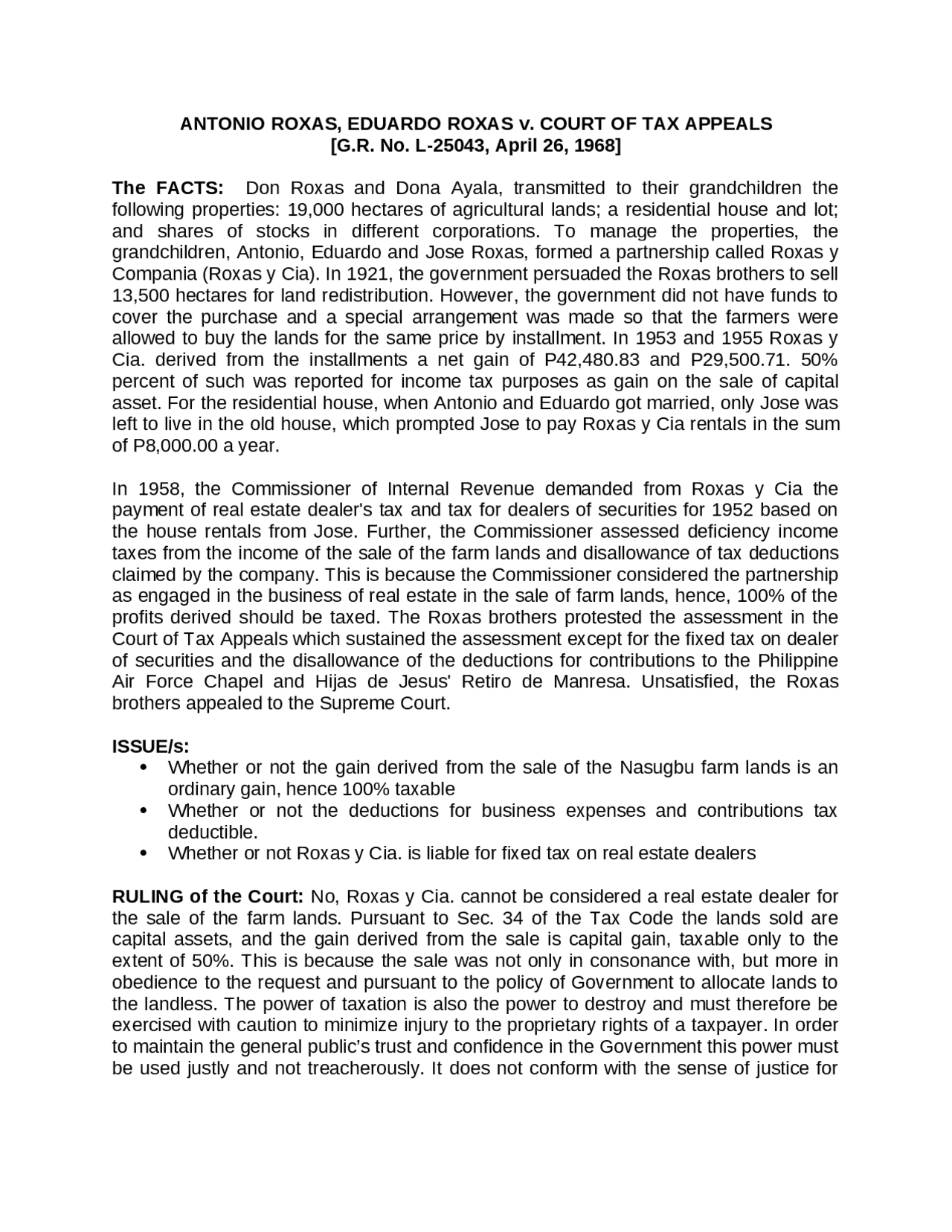 Tax Digest - ANTONIO ROXAS, EDUARDO ROXAS v. COURT OF TAX APPEALS - Docsity