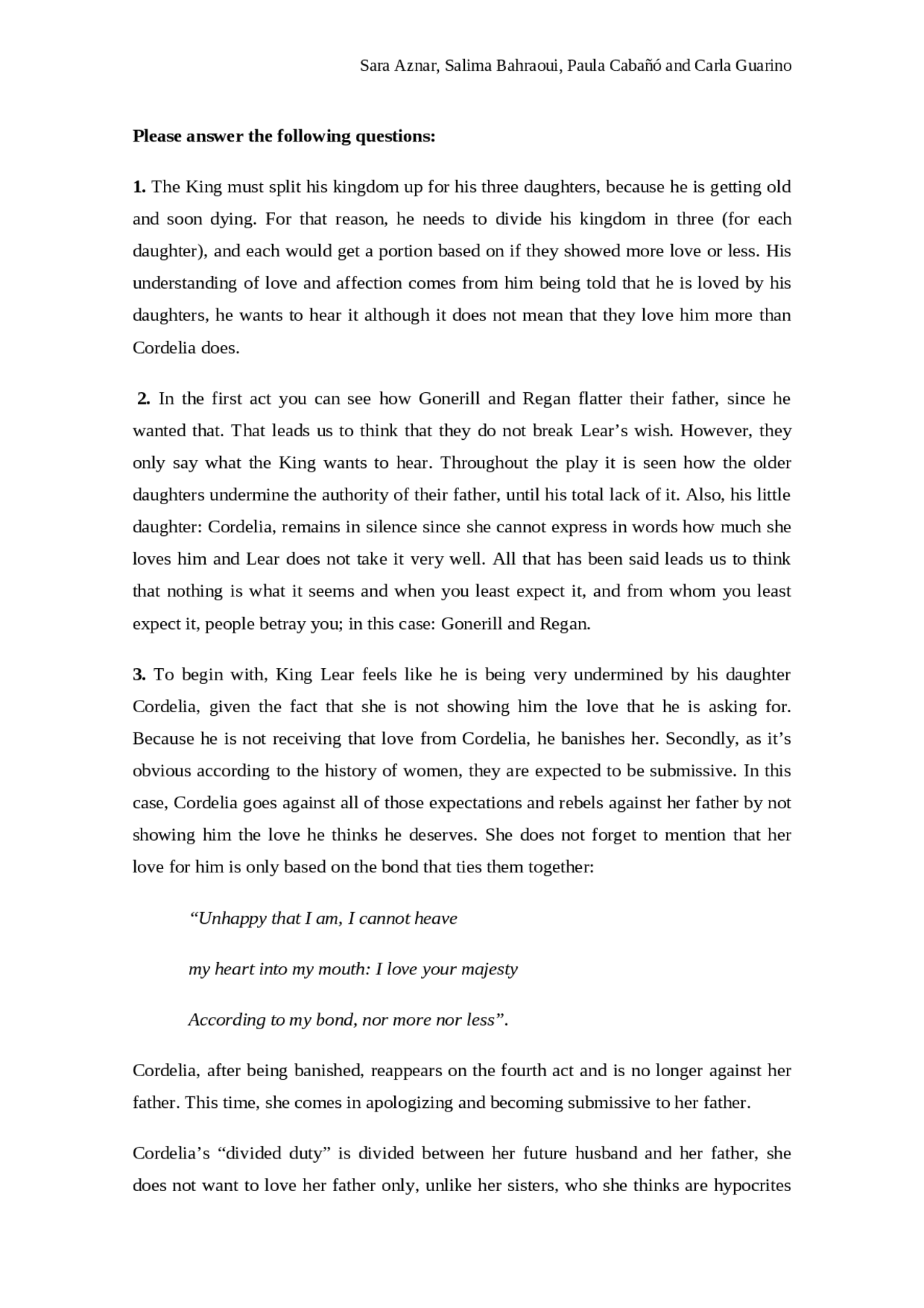 King Lear by Shakespeare: Questions - Docsity