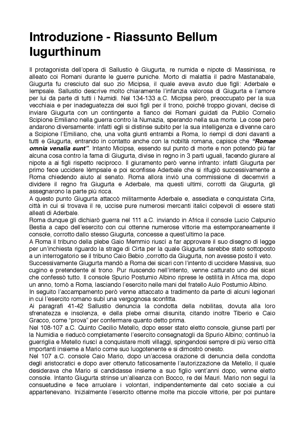 Bellum Iugurthinum Riassunto Docsity