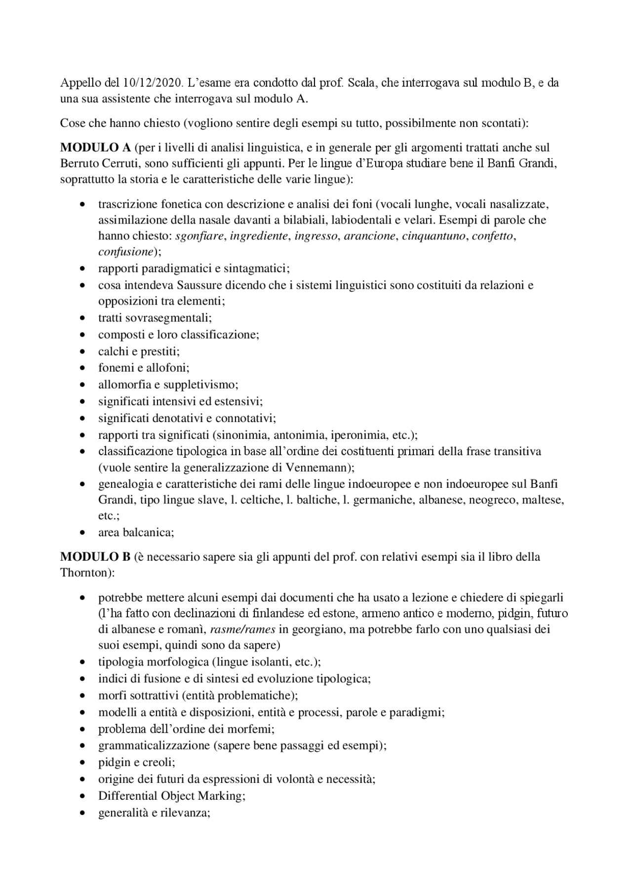 Domande Esame Linguistica Generale Per Lettere Prof Andrea Scala Docsity
