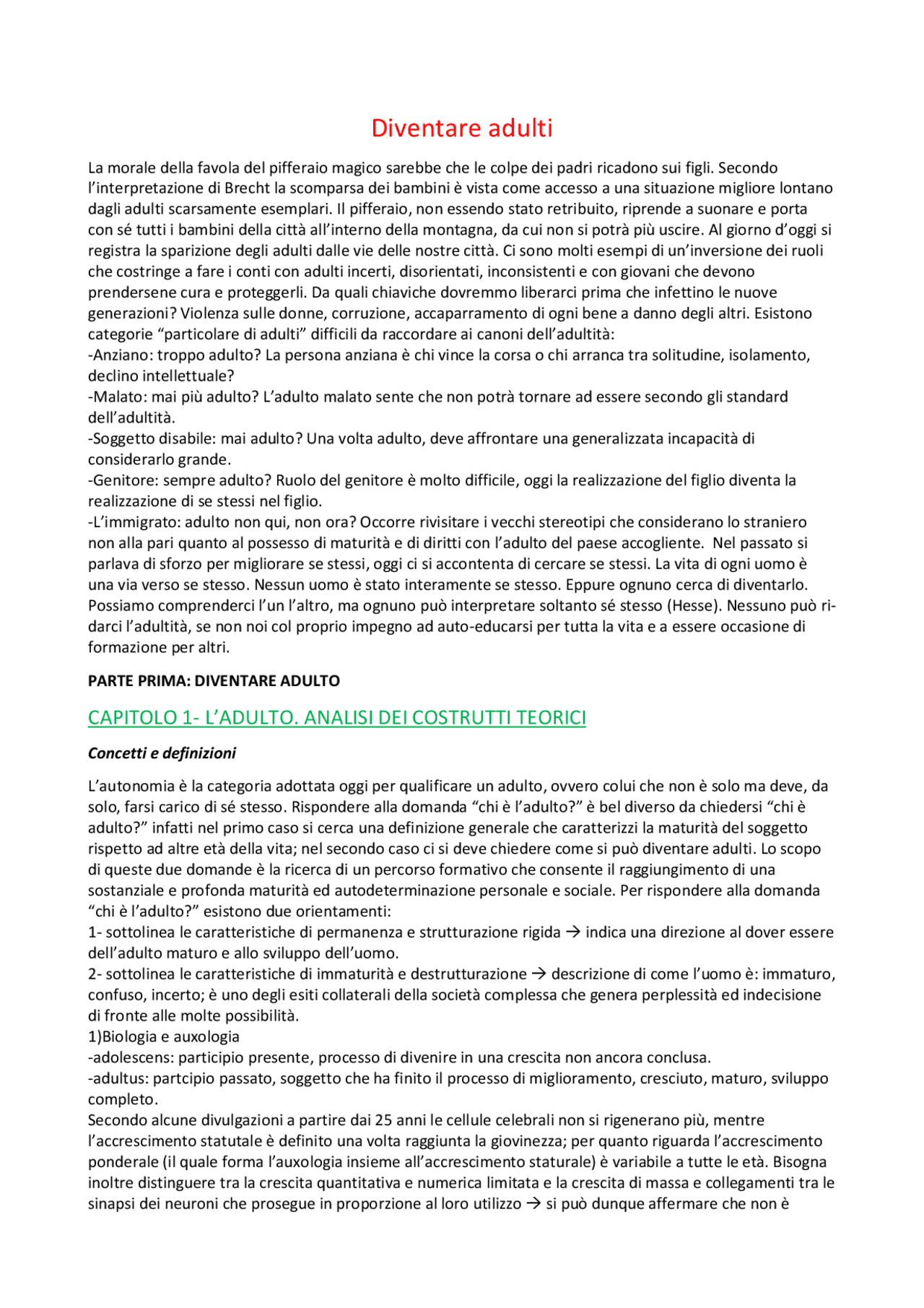 Diventare Adulti Riassunto Docsity