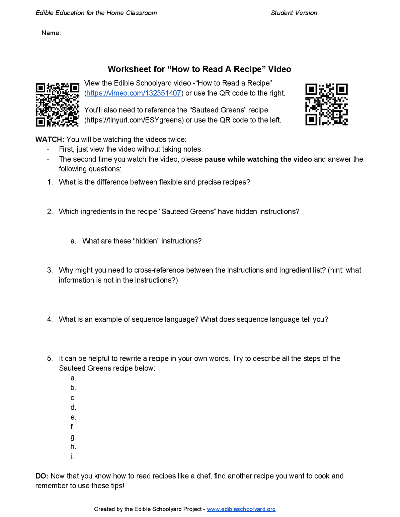 Worksheet for “How to Read A Recipe” - Docsity
