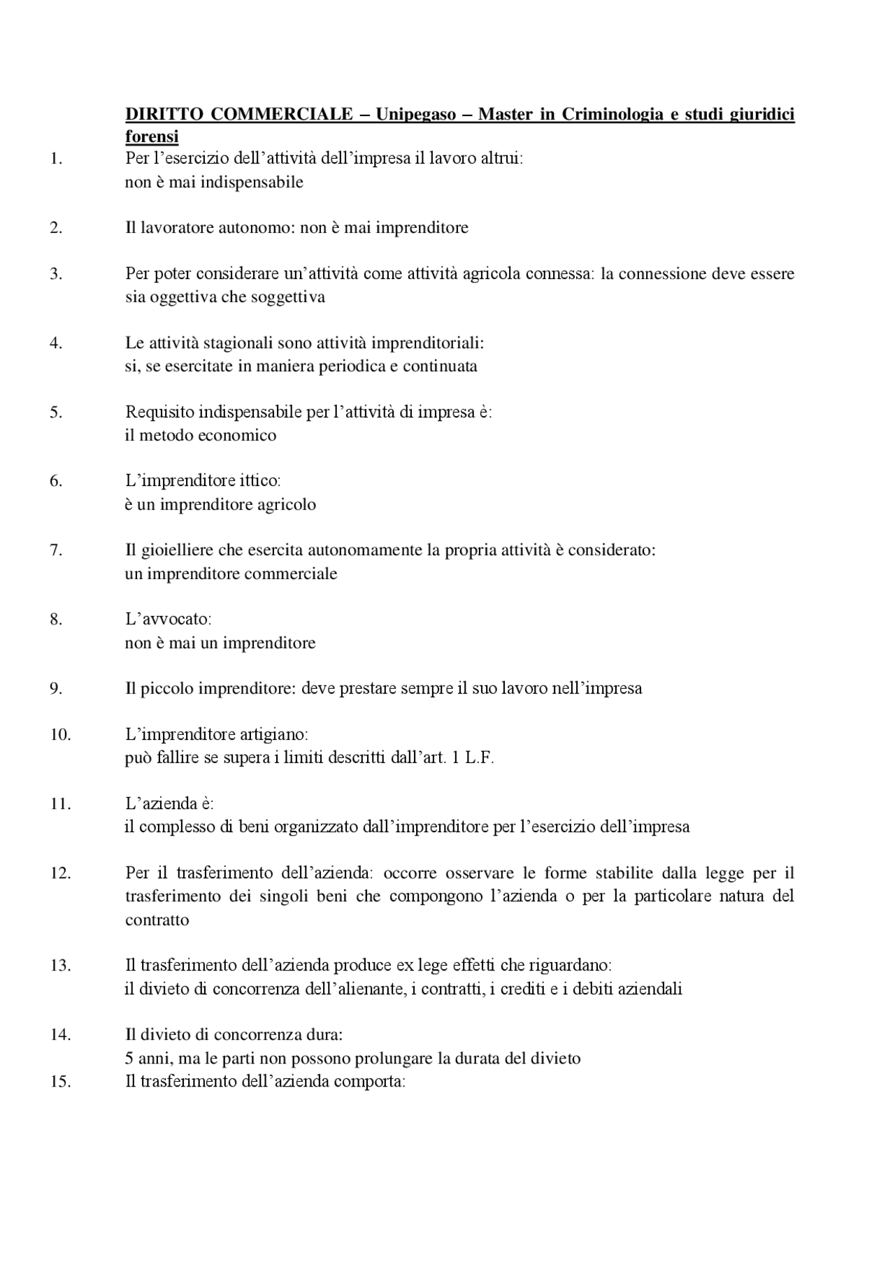 Diritto Commerciale Unipegaso Docsity