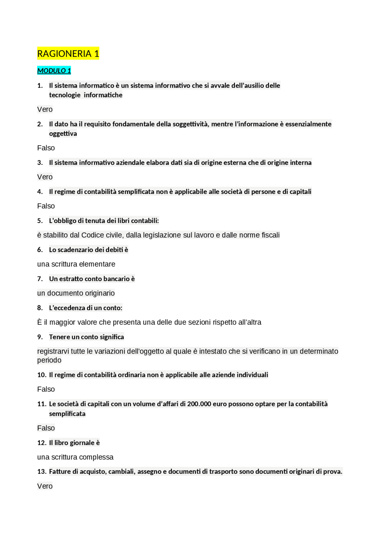 Ragioneria Generale E Applicata Test Docsity