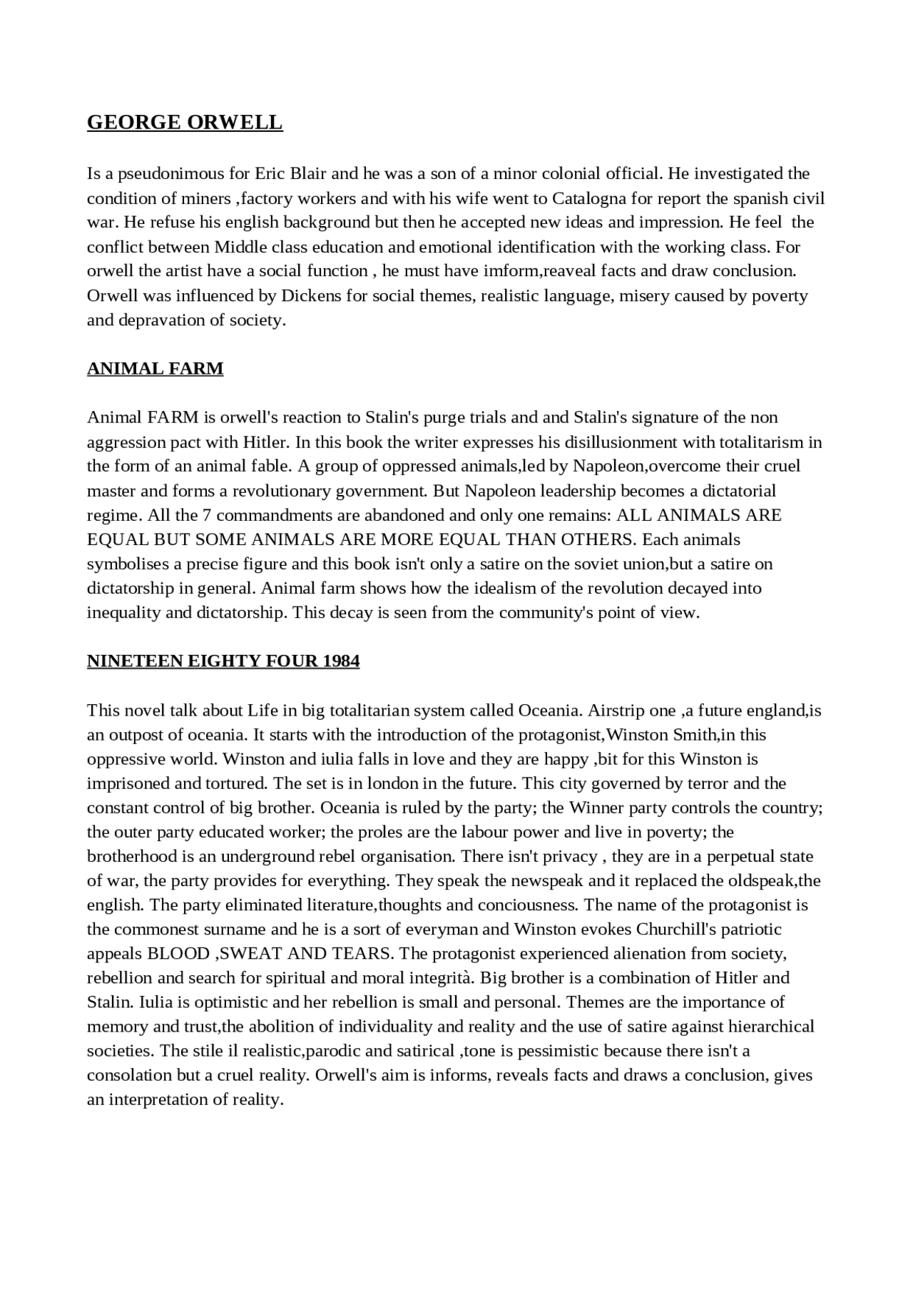 GEORGE ORWELL - LIFE AND WORKS - Docsity