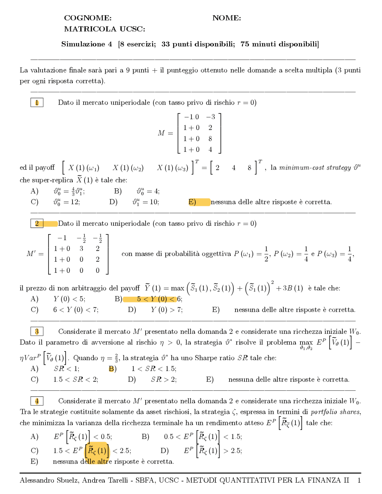 Esame Metodi Quantitativi Per La Finanza Ii Docsity