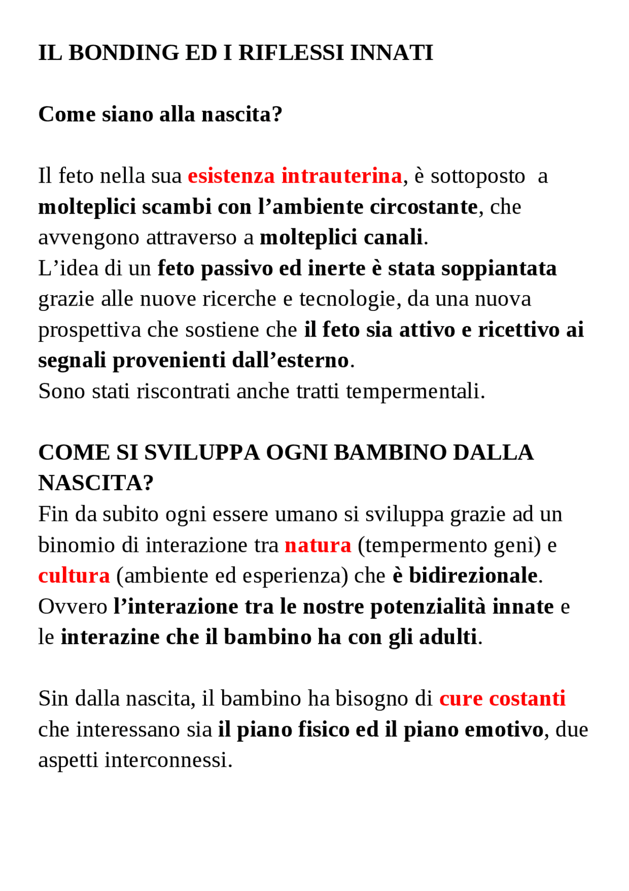Bonding I Riflessi Innati Appunti Di Psicologia Infantile Docsity