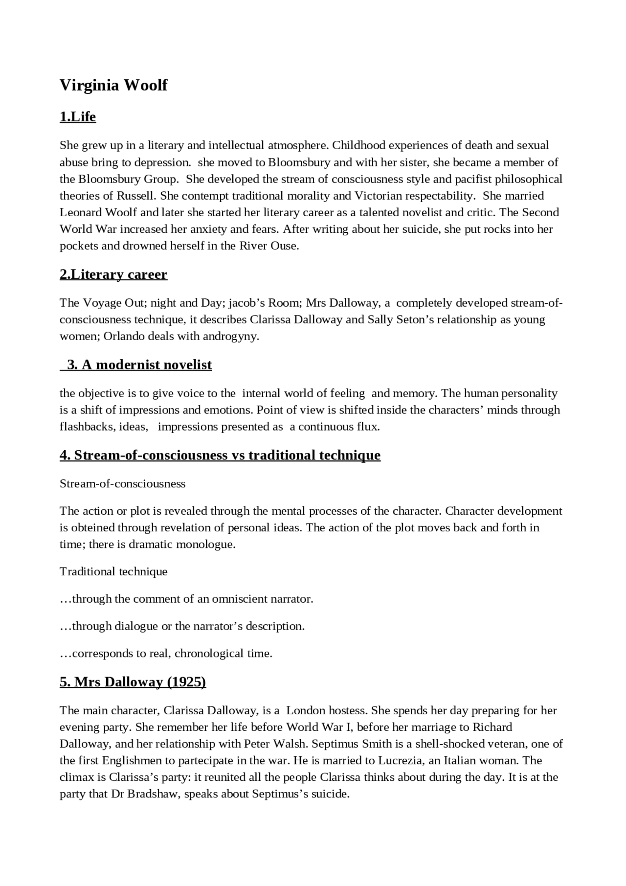 VIRGINIA WOOLF - LIFE AND WORKS - Docsity