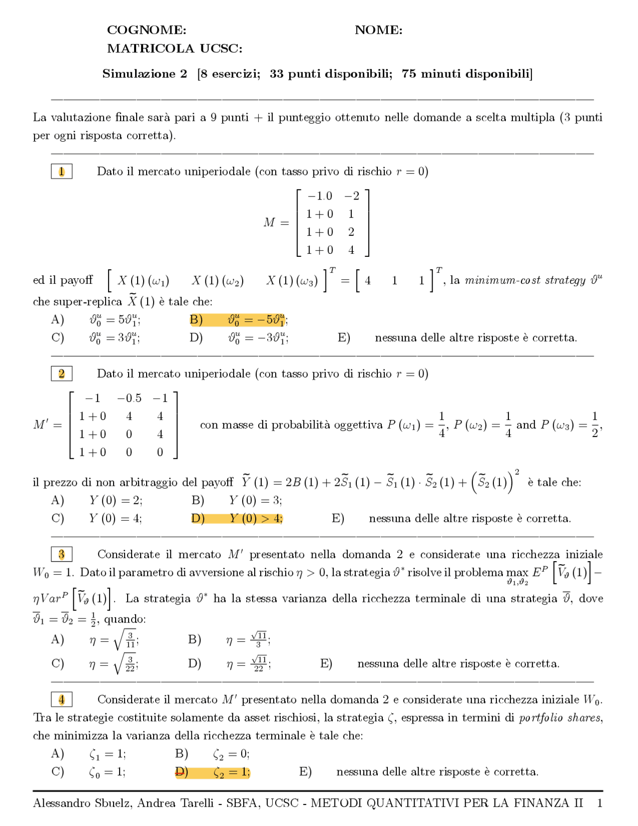 Esame Metodi Quantitativi Per La Finanza Ii Docsity