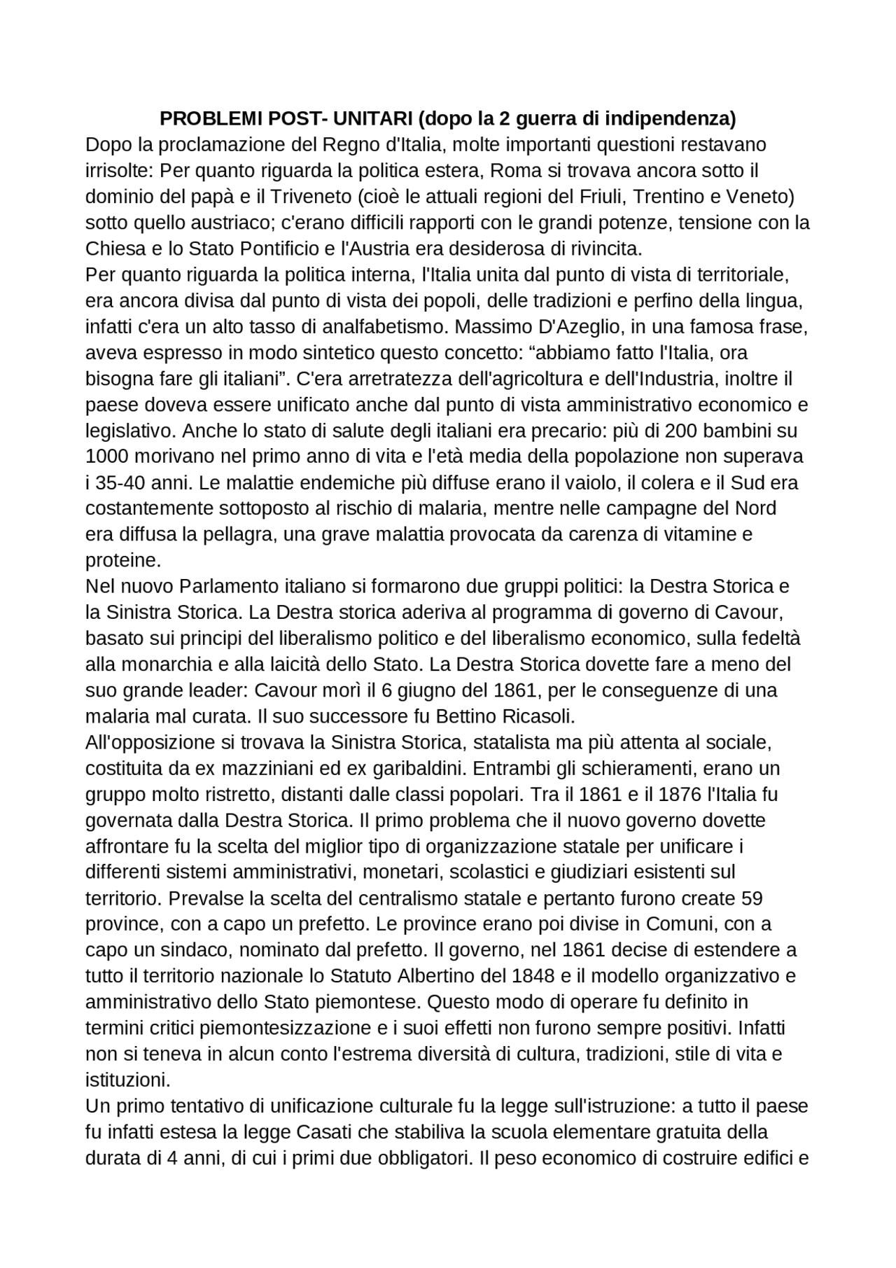 Problemi post-unitari - Docsity