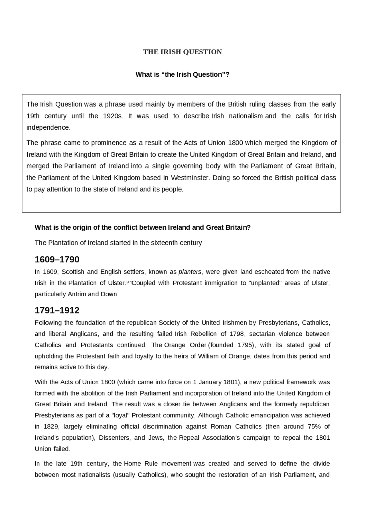 The Irish Question - summary and main events | Appunti di Inglese - Docsity