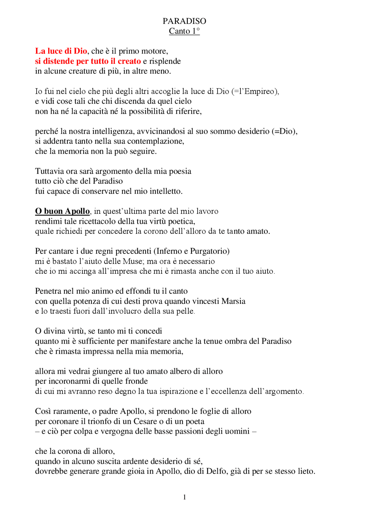 Divina Commedia Paradiso Canto I Docsity